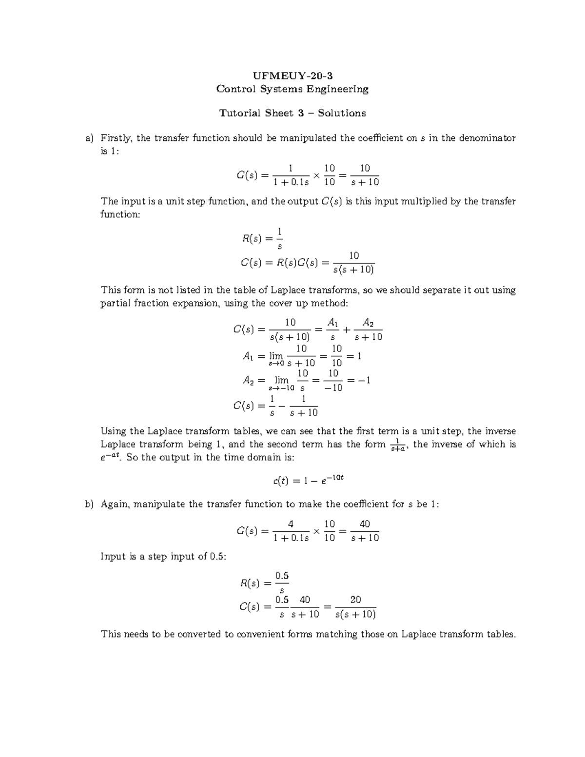 Tutorial Sheet 3 - Solutions - UFMEUY-20- Control Systems Engineering ...