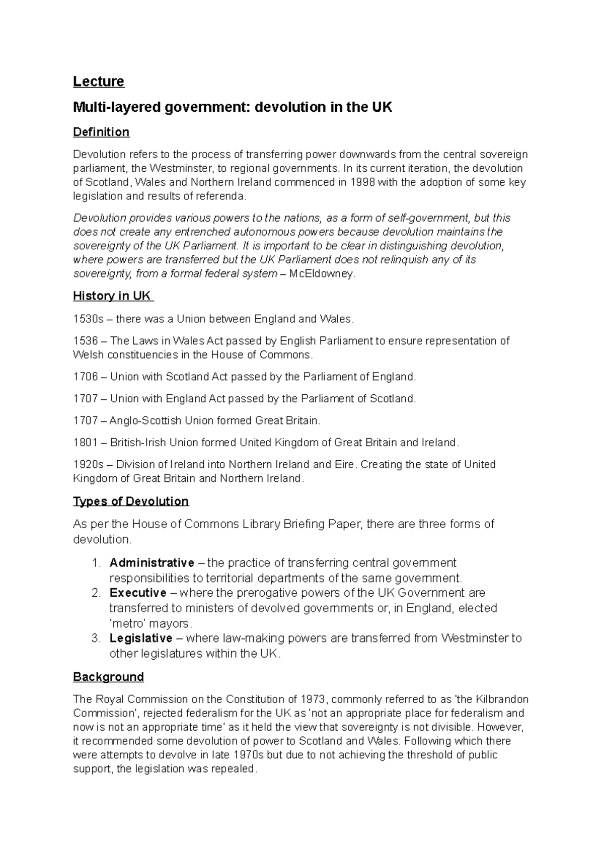 Devolution in the UK - Assignment - Lecture Multi-layered government ...