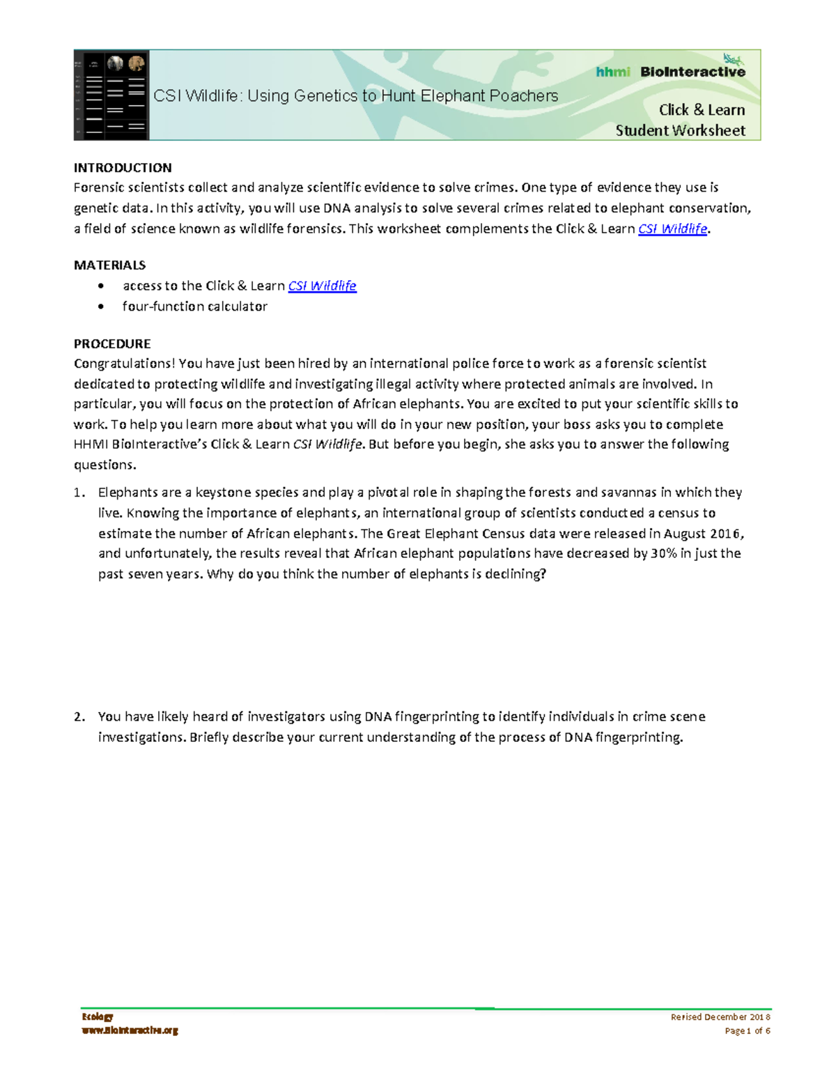 Doc - Worksheet - Ecology Revised December 2018 Click & Learn Student ...