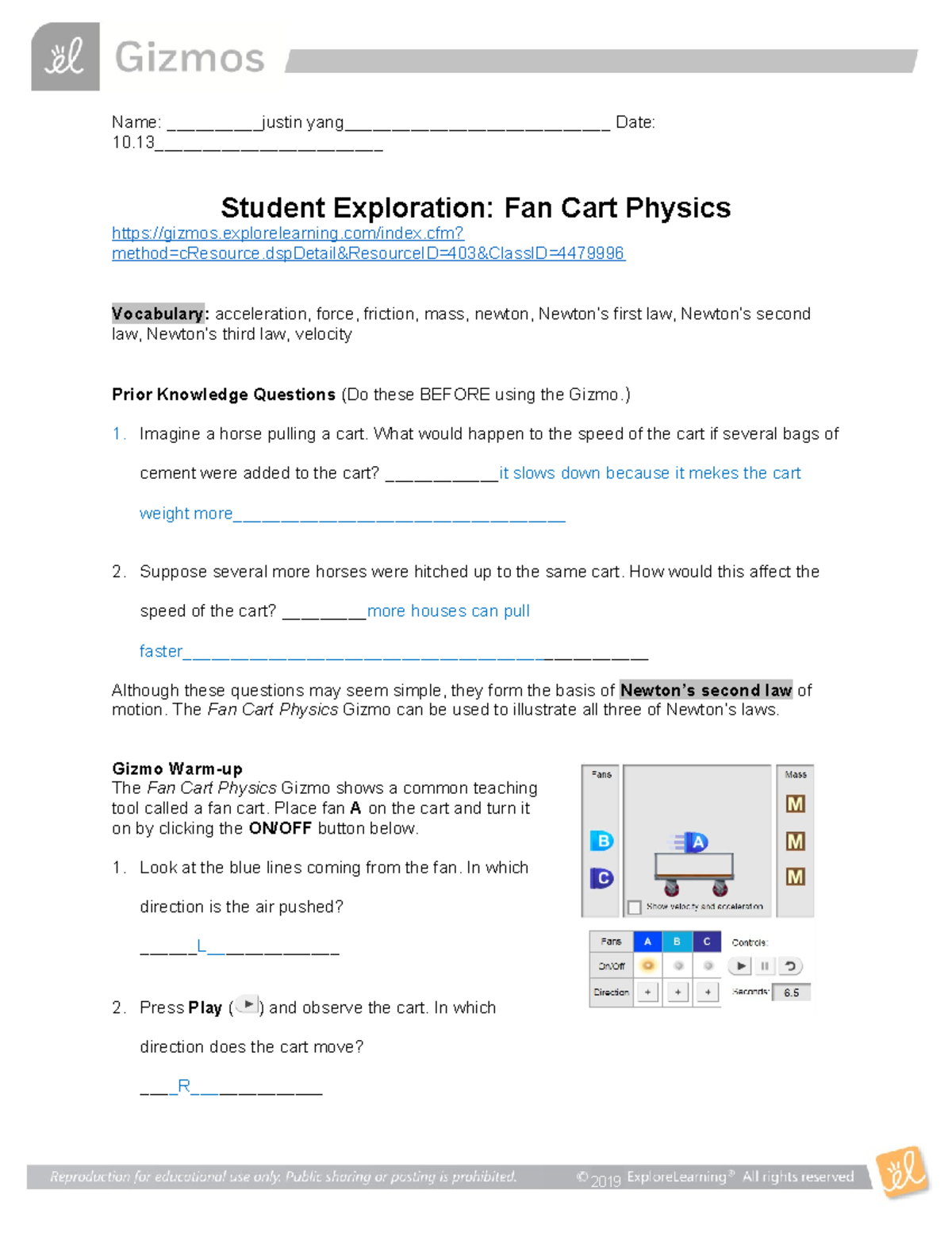 Lab- Fan Cart Physics SE 1 - Name: justin yang__________________ Date ...