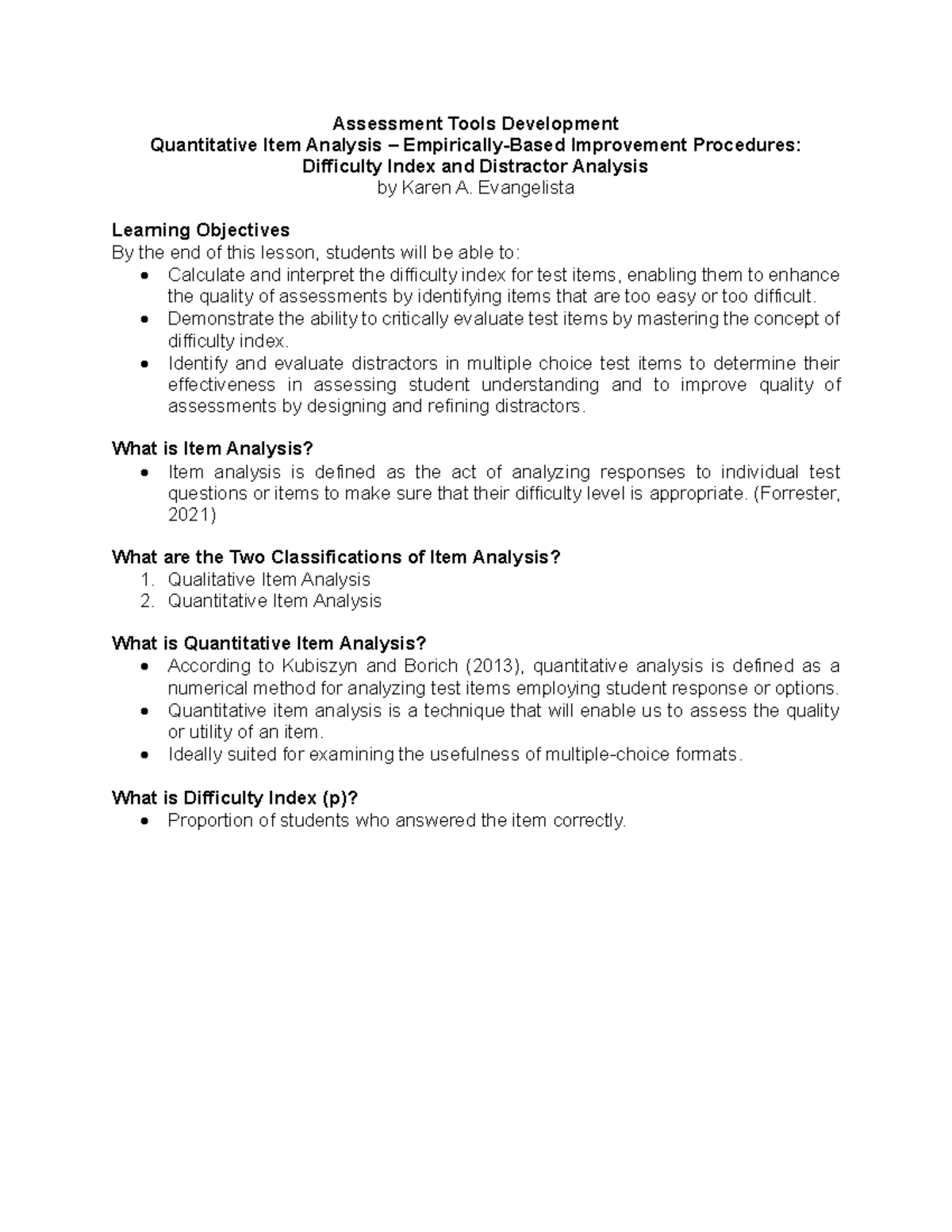 Item Analysis Written Report - Assessment Tools Development ...