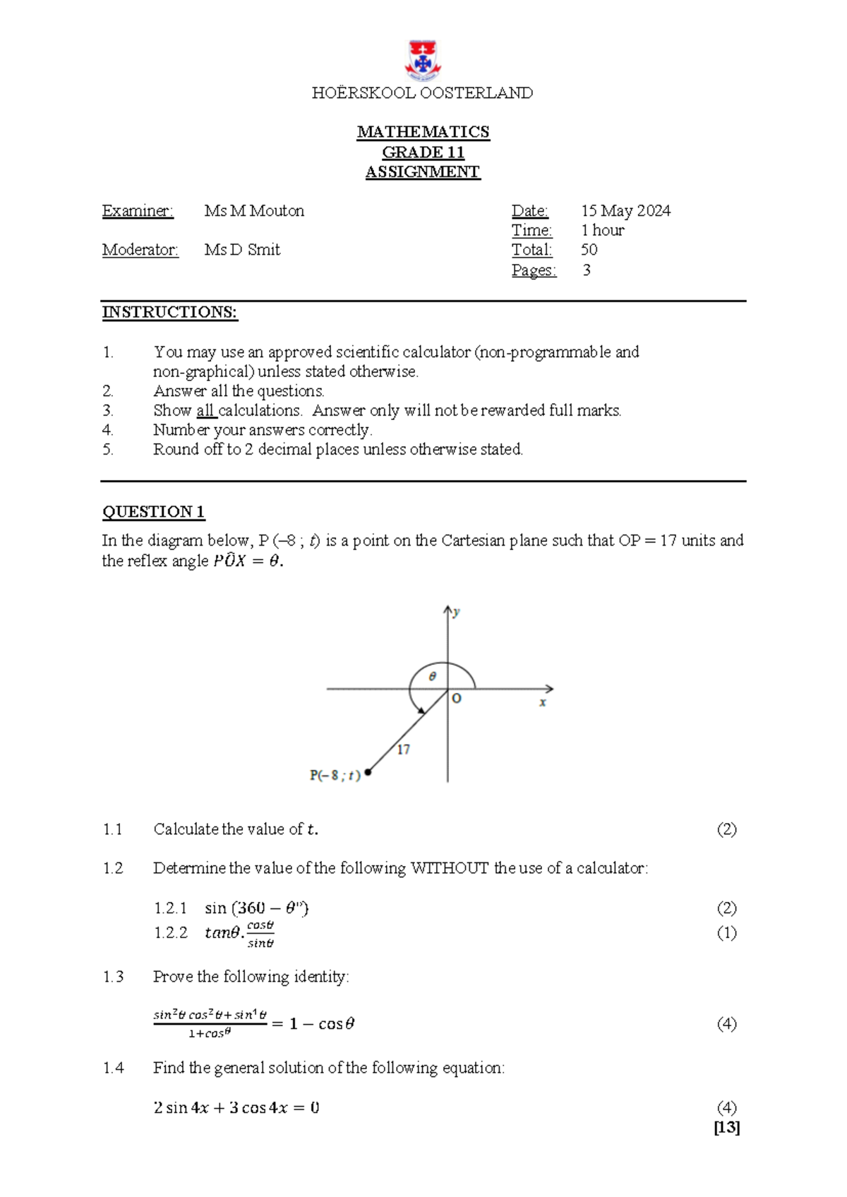 M Mouton Gr 11 Mathematics 15 May 2024 Assignment - HOËRSKOOL ...