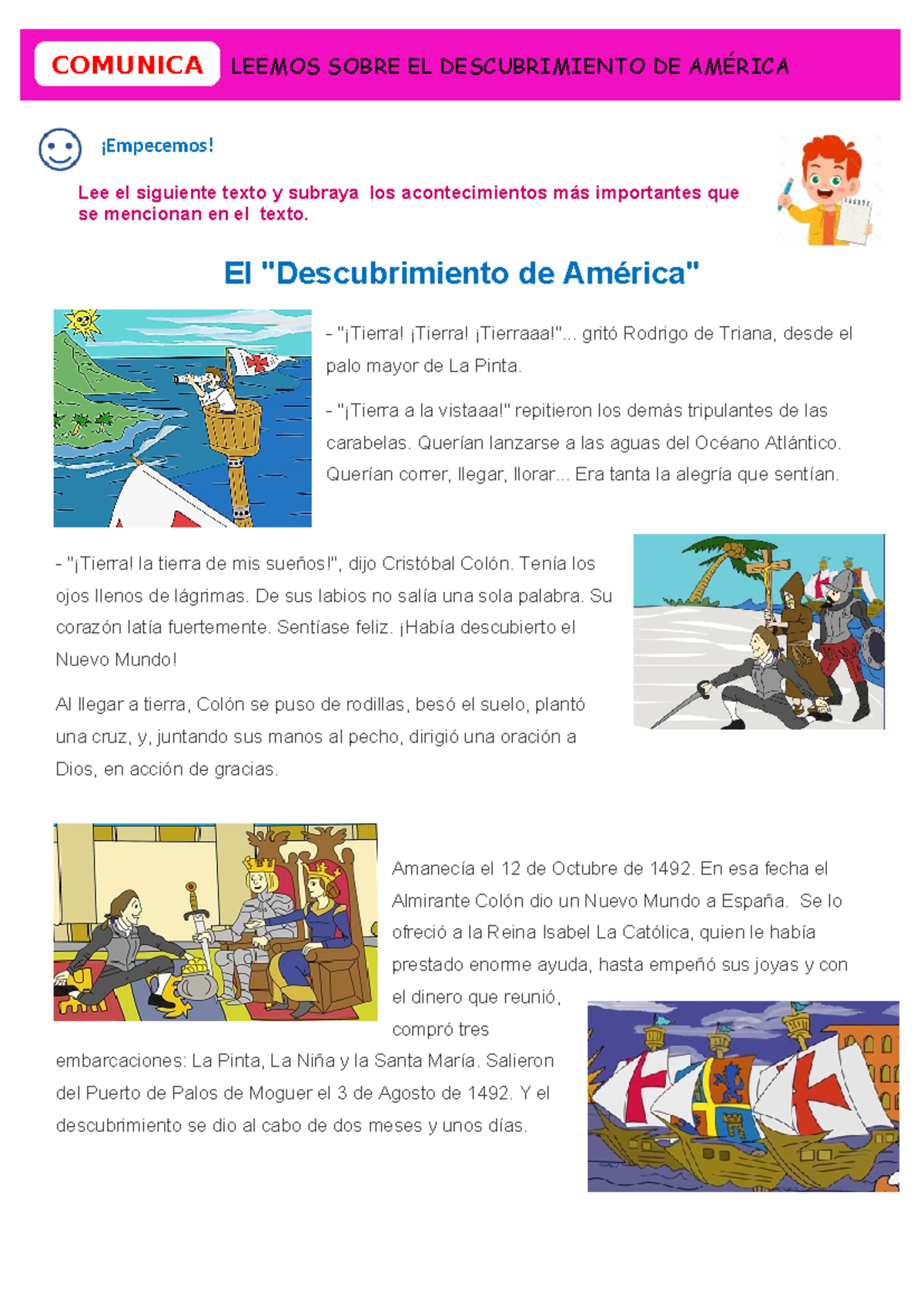 Ficha COM- leemos sobre el descubrimiento de America - ¡Empecemos! Lee el siguiente texto y ...