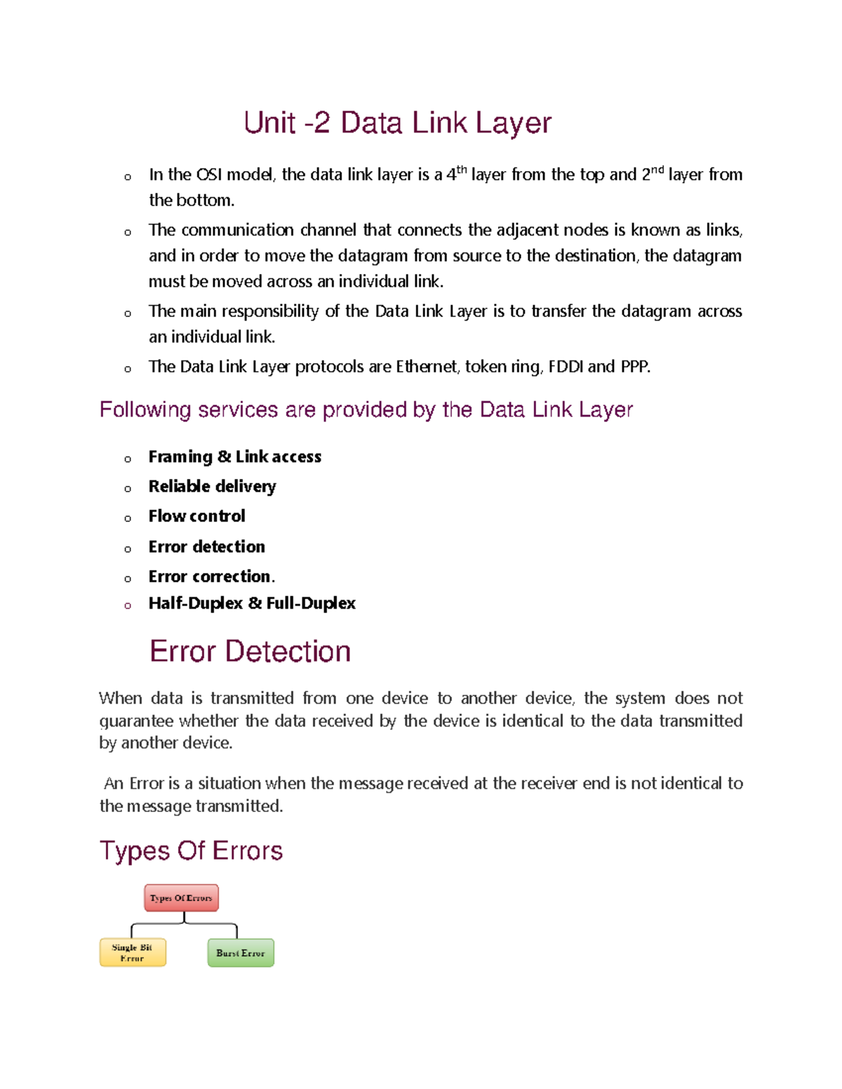 Error Handling - Unit - 2 Data Link Layer o In the OSI model, the data link layer is a 4th layer ...