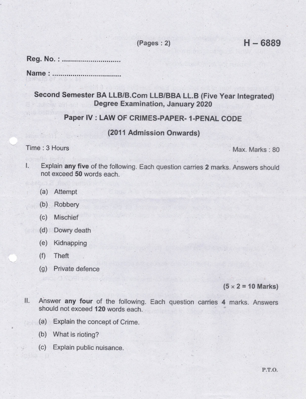 Crimes BA BBA BCom Jan 2020 II Sem2 - Integrated llb - Studocu