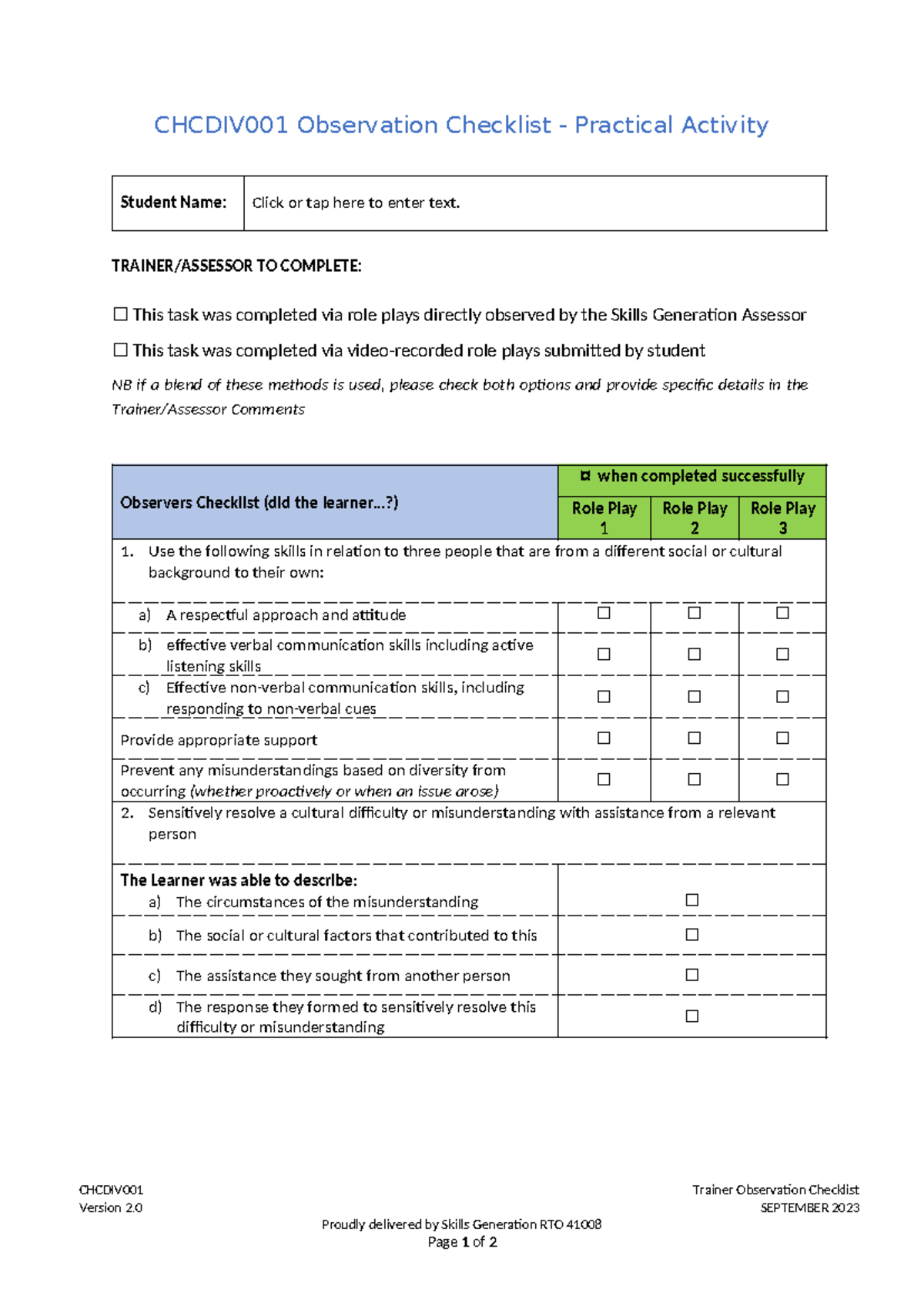 Chcdiv 001-Observation-Checklist-V2 0 - CHCDIV001 Observation Checklist - Practical Activity ...