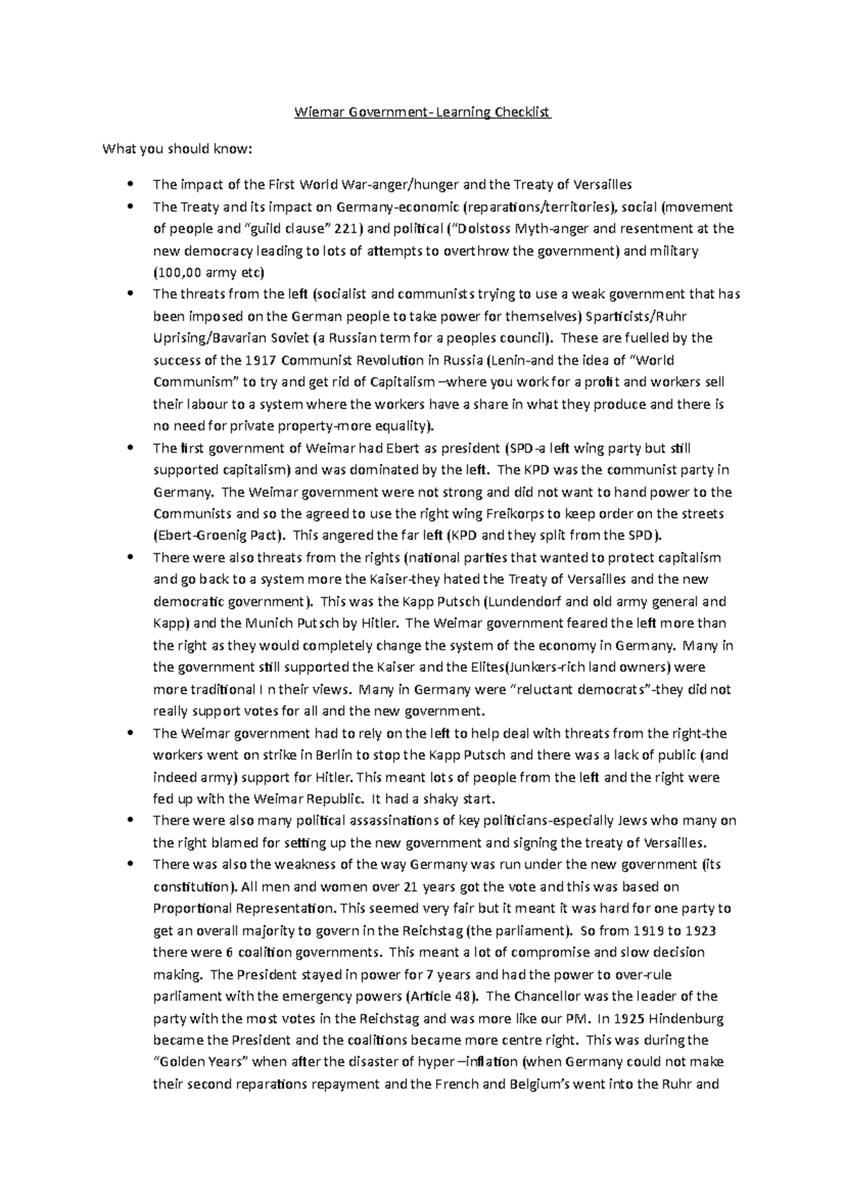 Wiemar Government- Learning Checklist - These are fuelled by the ...