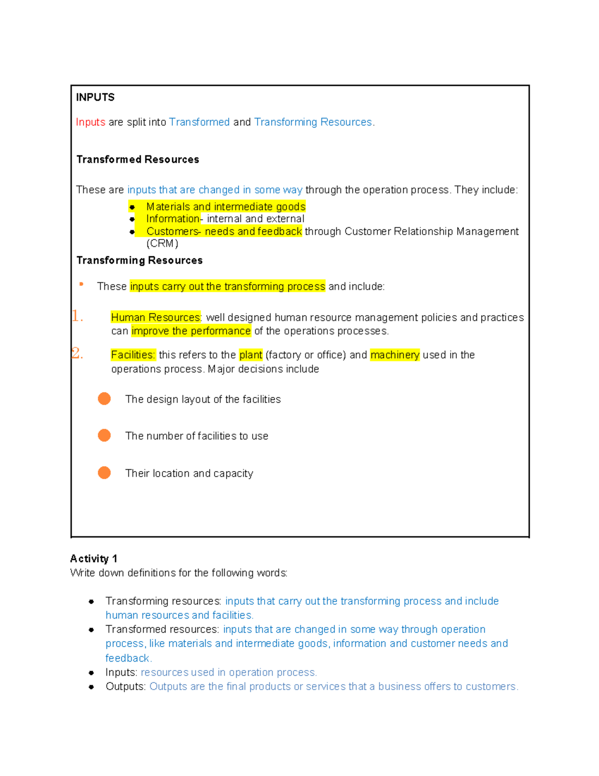 Ops Processes - Transformed and Transforming Resources - INPUTS Inputs ...