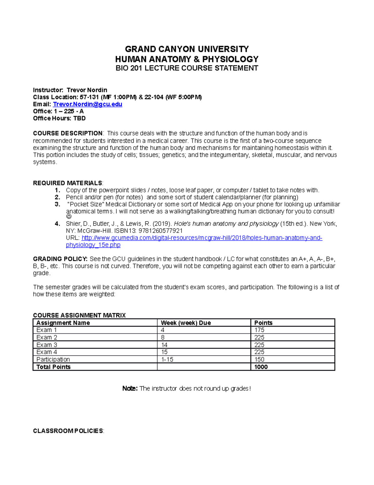 BIO 201 Fall 2020 Syllabus - GRAND CANYON UNIVERSITY HUMAN ANATOMY ...