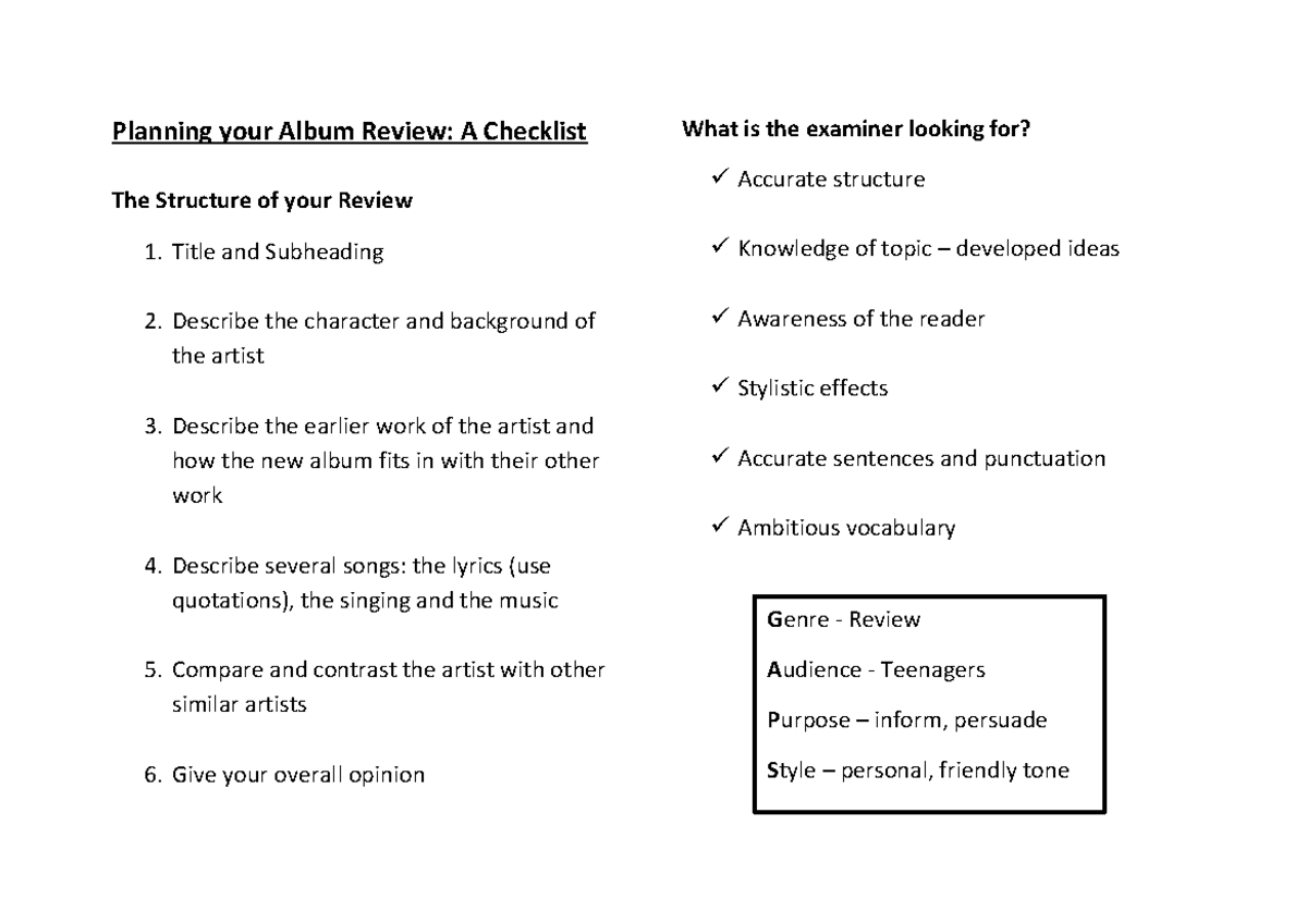 Album Review Planning Sheet - Planning your Album Review: A Checklist ...