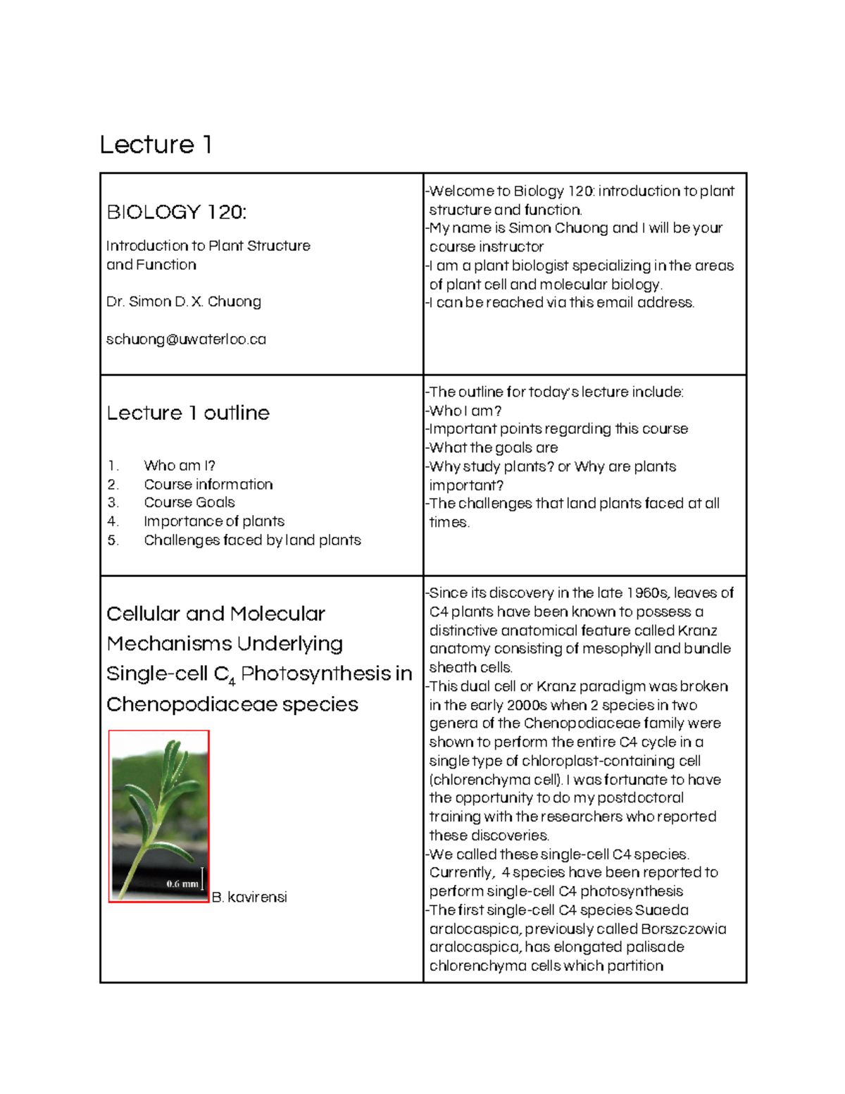 Lectures 1-7 Plant Structure and Function - Lecture 1 BIOLOGY 120 ...