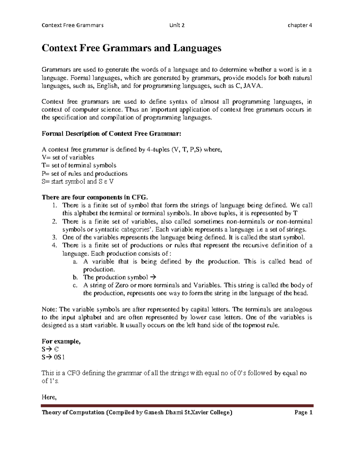 Chapter 4 CFG - Lecture notes 2 - Context Free Grammars and Languages ...