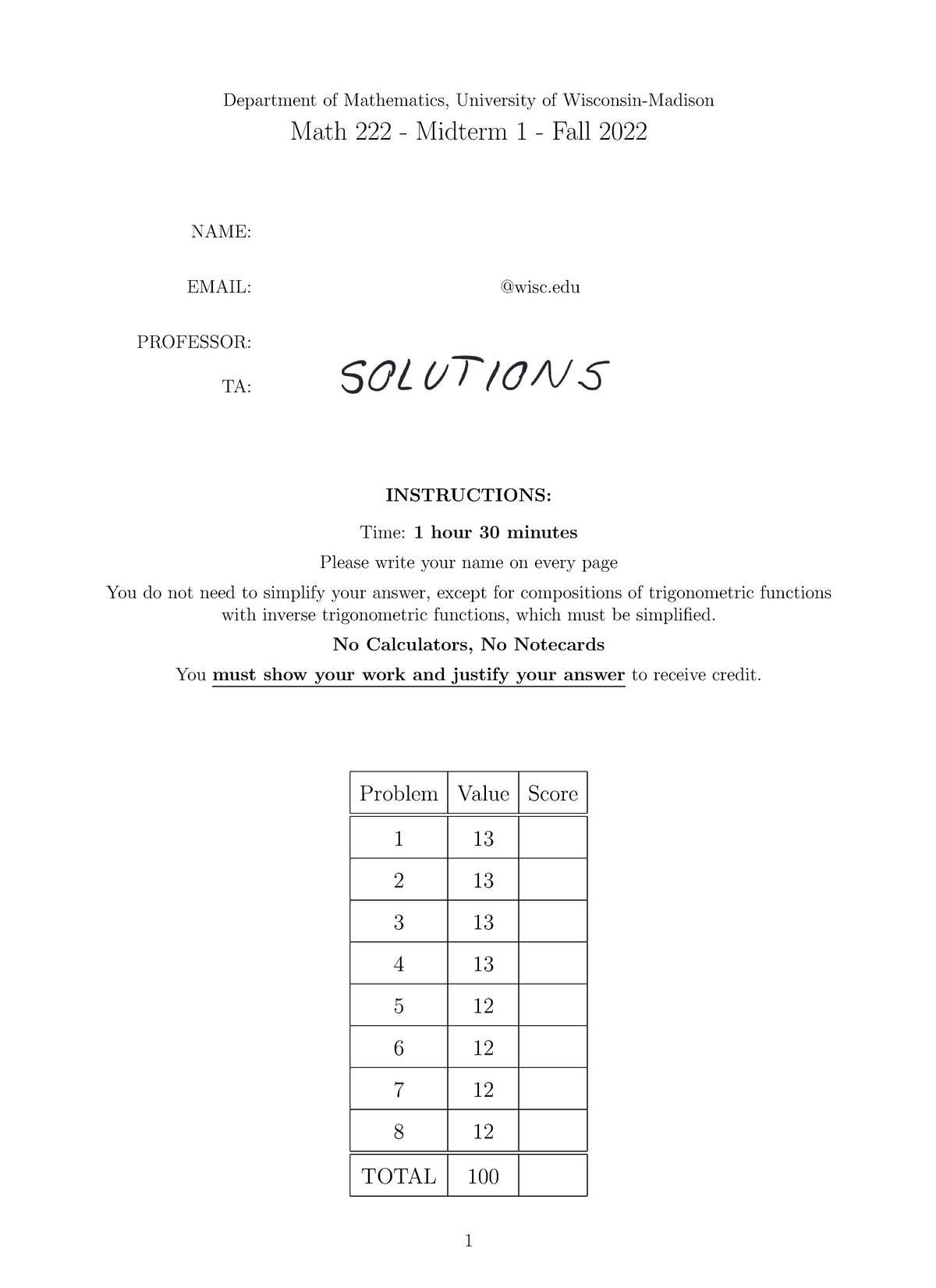 222-Midterm 1-F22 solutions - Department of Mathematics, University of Wisconsin-Madison Math ...