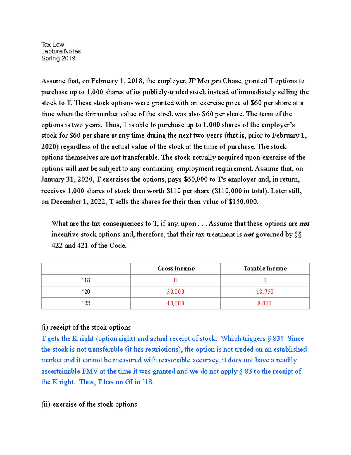 Chapter 3 Casebook Question - Tax Law Lecture Notes Spring 2019 Assume ...