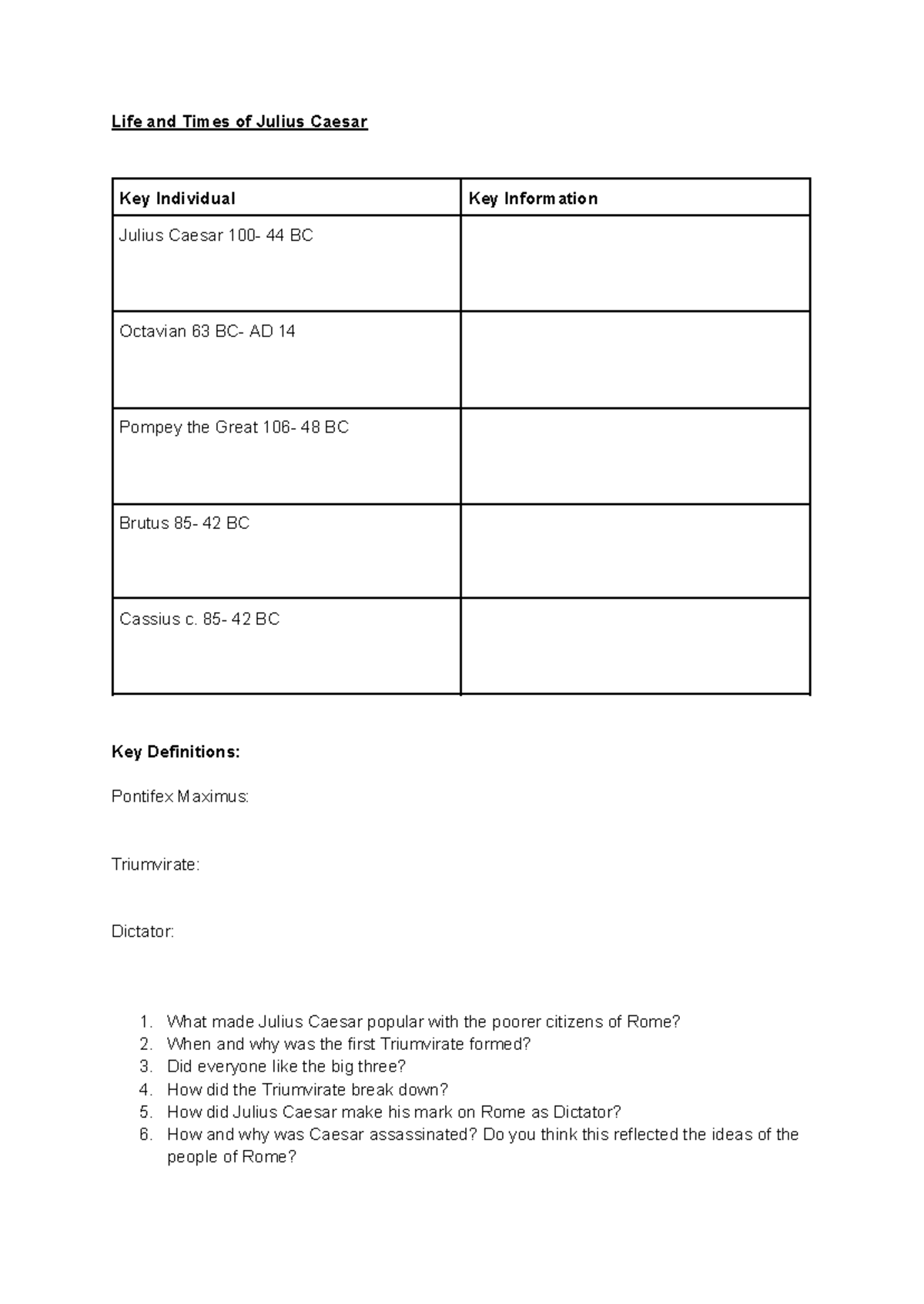 Caesar Octavian Textbook Qs - Life and Times of Julius Caesar Key ...