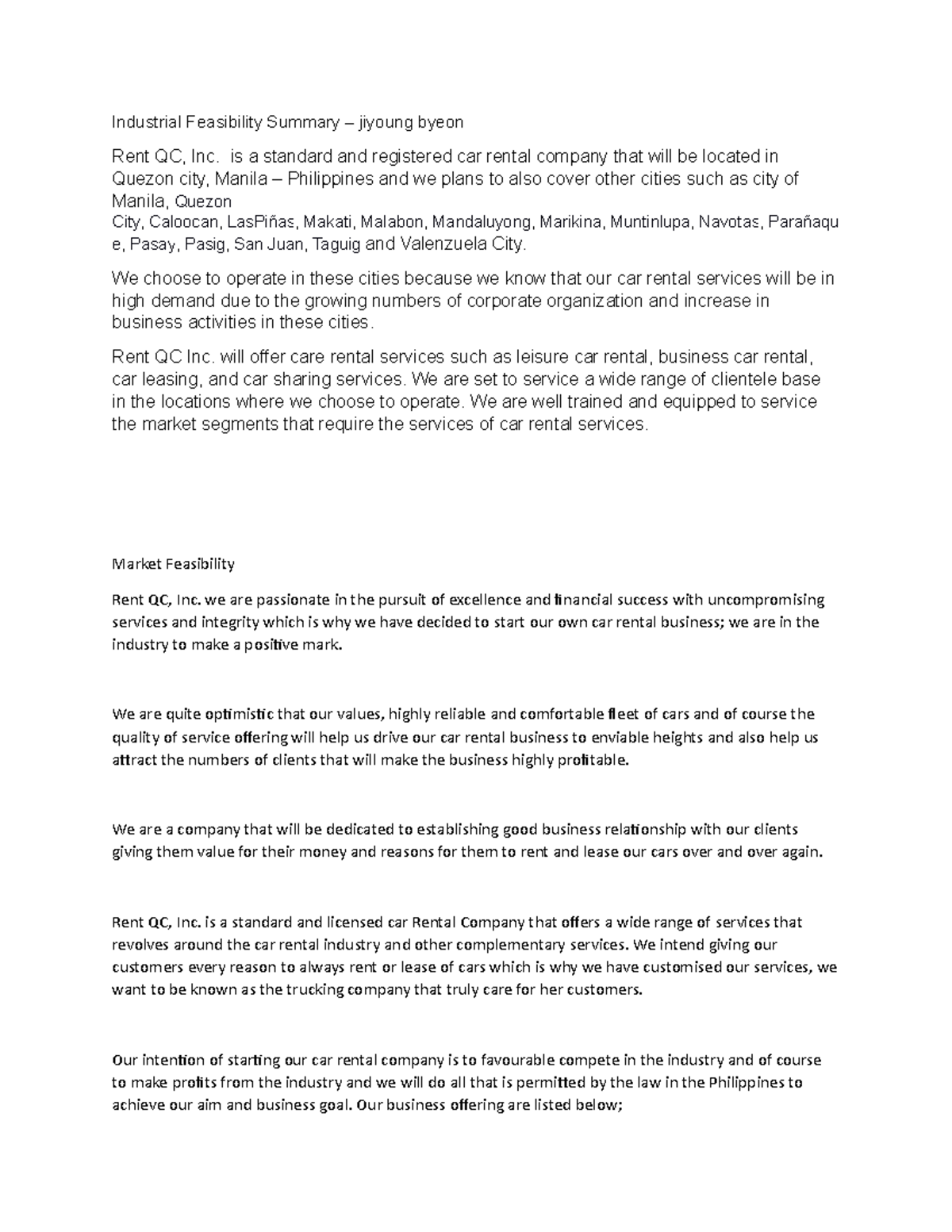 Industrial Feasibility Summary - is a standard and registered car ...