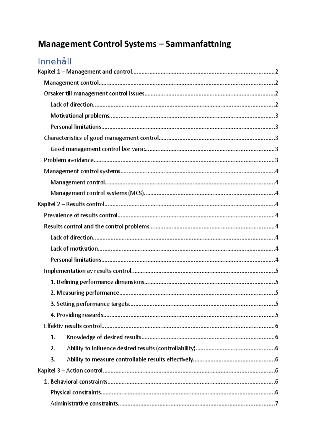 Summary Management Control Systems - Management Control Systems ...