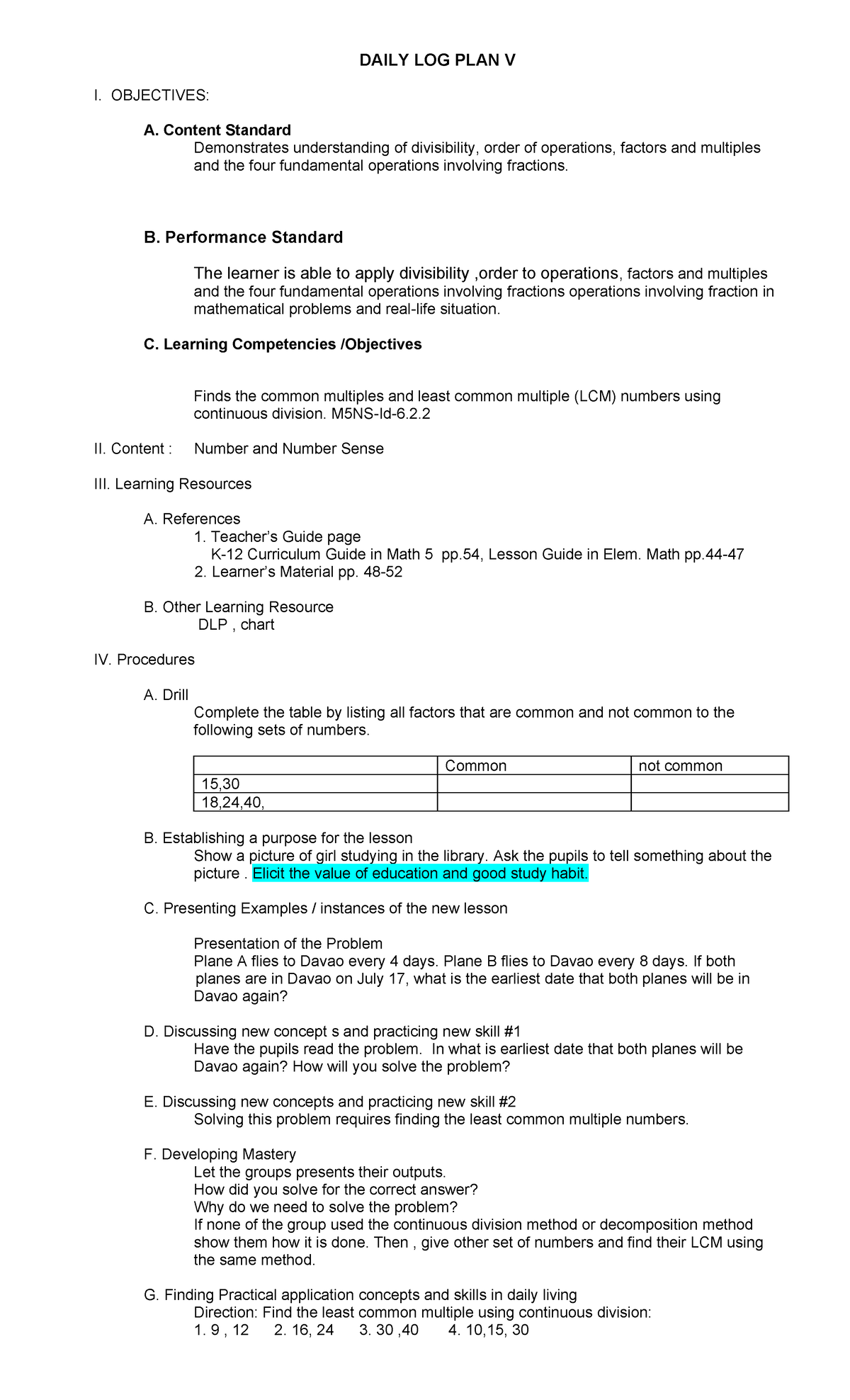 Daily LOG PLAN V.docx melissa COT - DAILY LOG PLAN V I. OBJECTIVES: A ...
