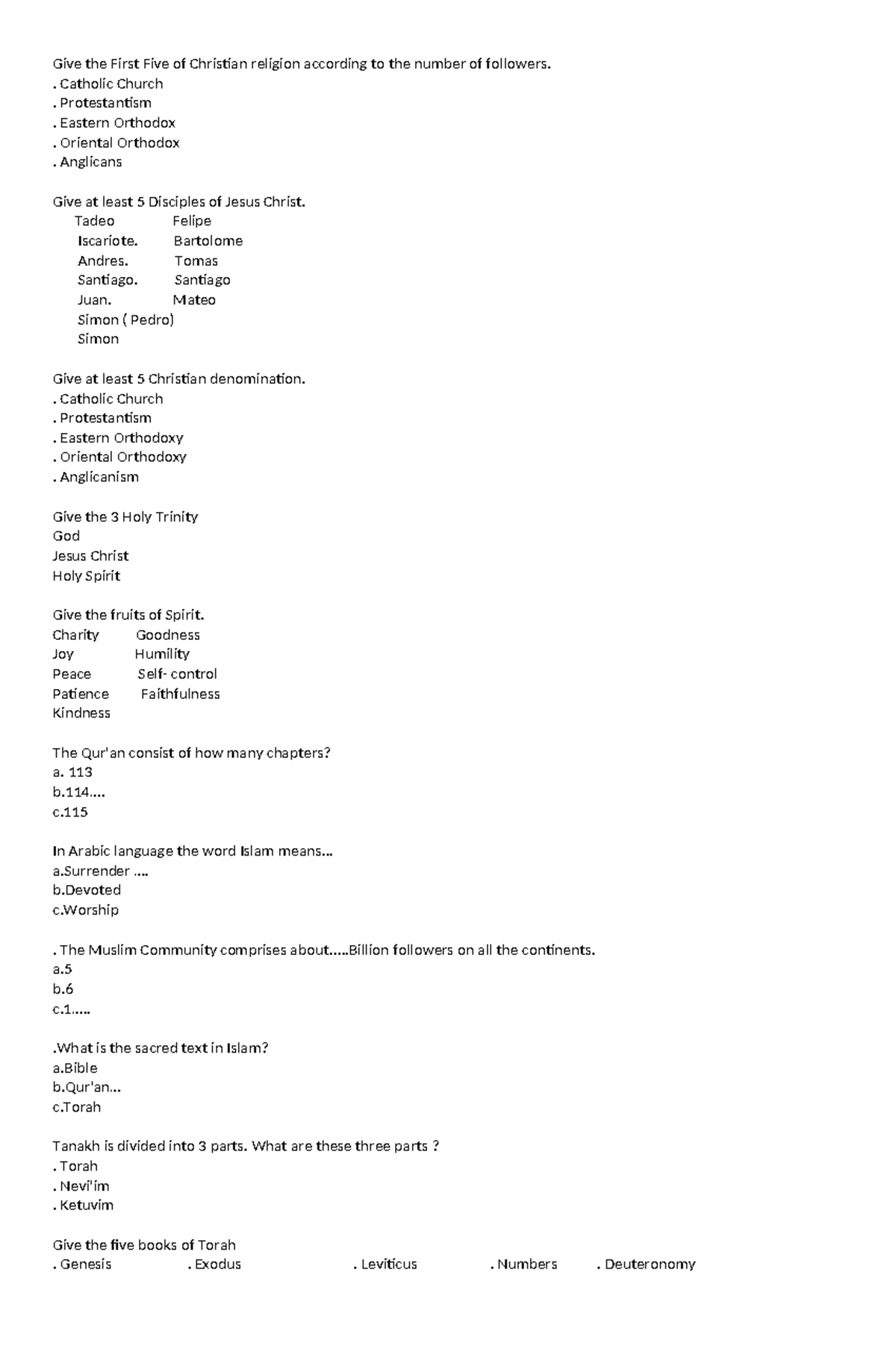 Recitation World Religion - Give the First Five of Christian religion ...