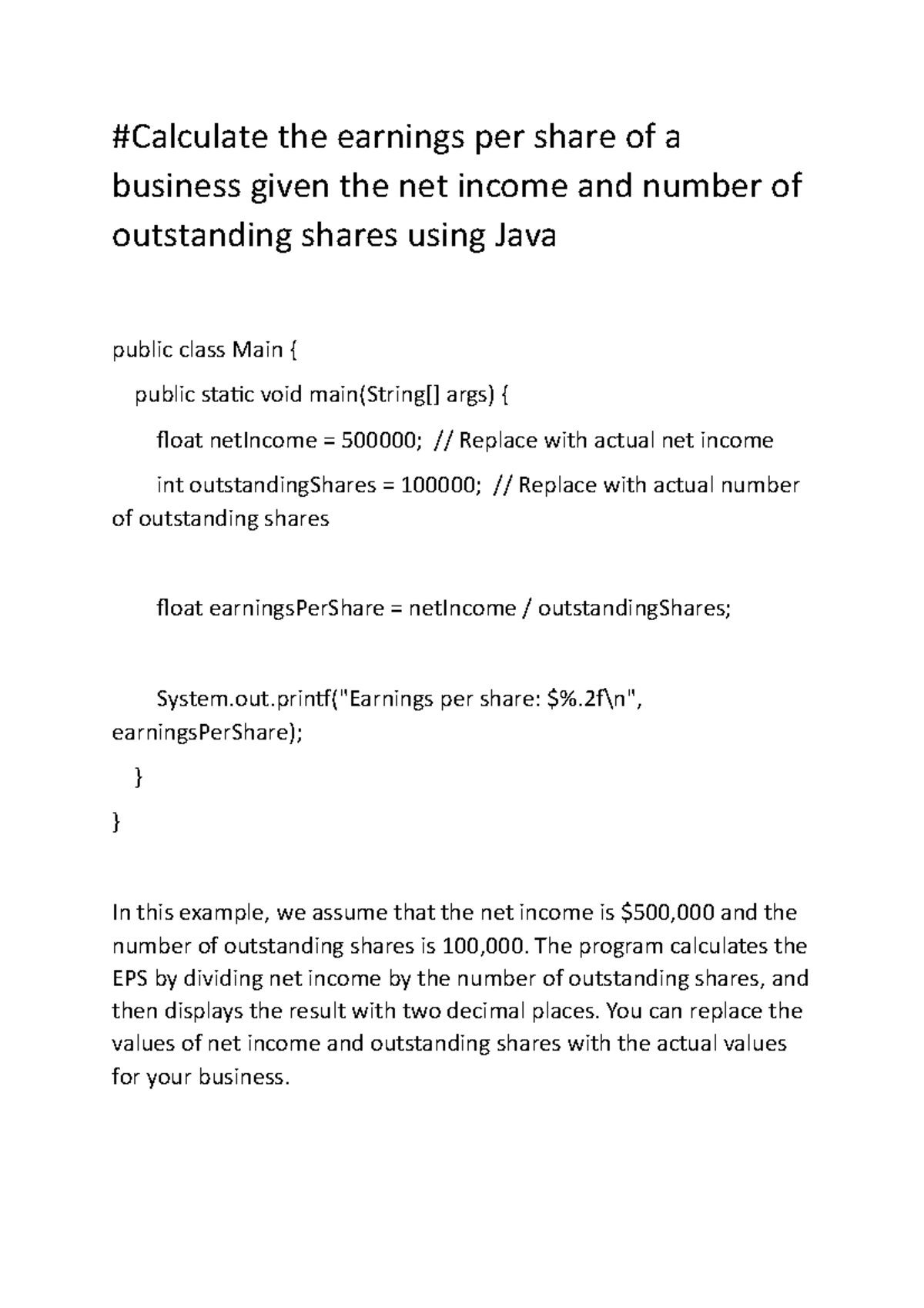 Income and number of outstanding shares using java - #Calculate the earnings per share of a ...