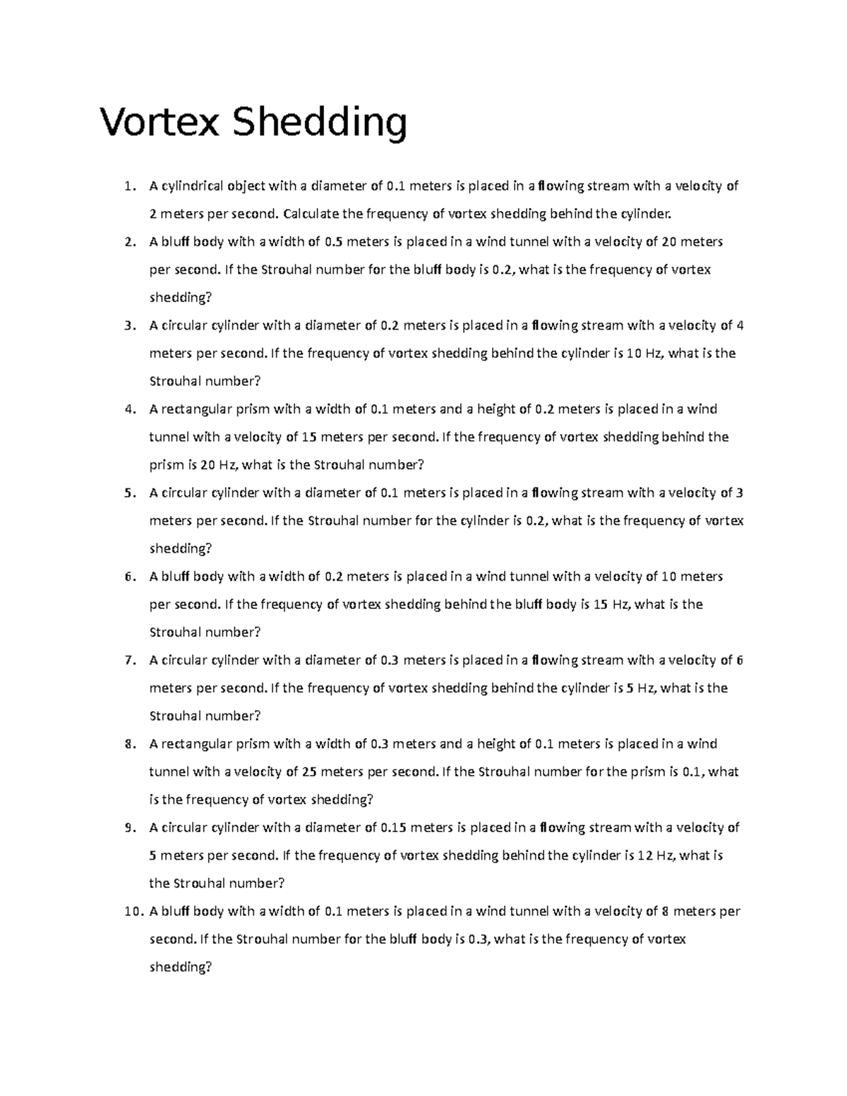 Vortex Shedding - self-made worksheet for fluid mechanics 1 - Vortex ...