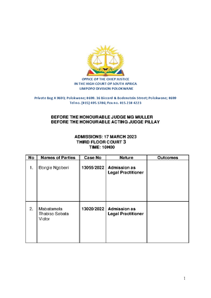 16 March 2023 - Polokwane High Court - Unopposed Applications Roll ...