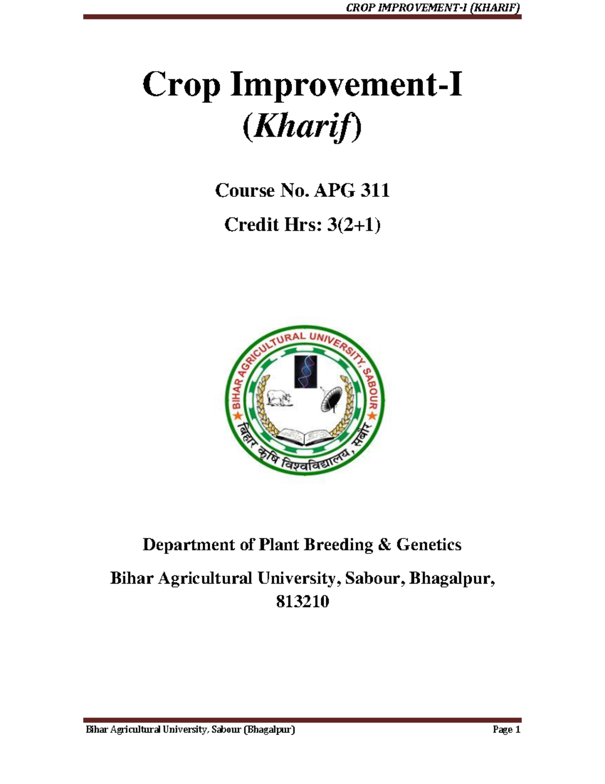 GPB 355 Printed LONG NOTE 2 - Crop Improvement-I (Kharif) Course No ...