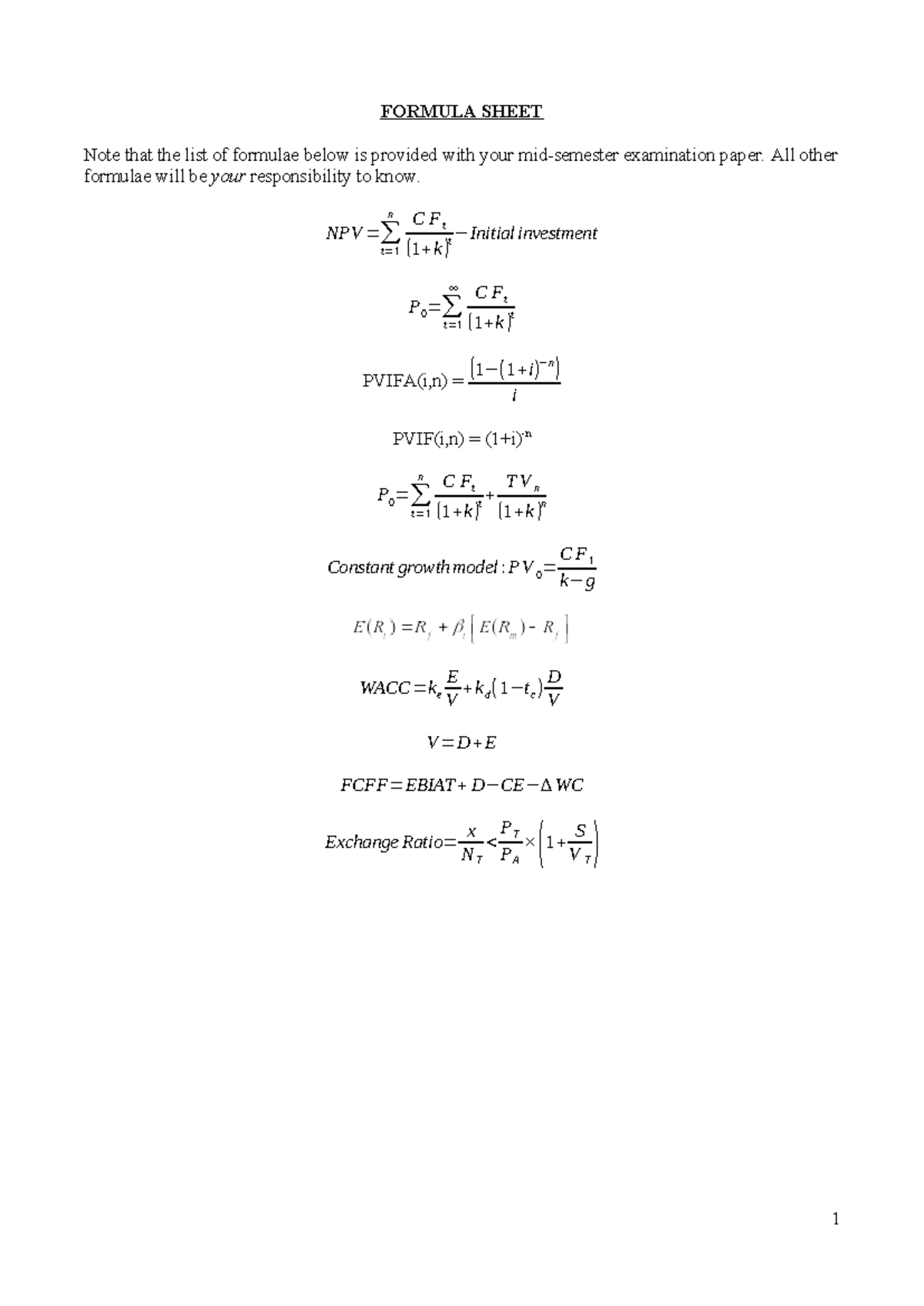 Mid-term Exam Formula Sheet - FORMULA SHEET Note that the list of ...