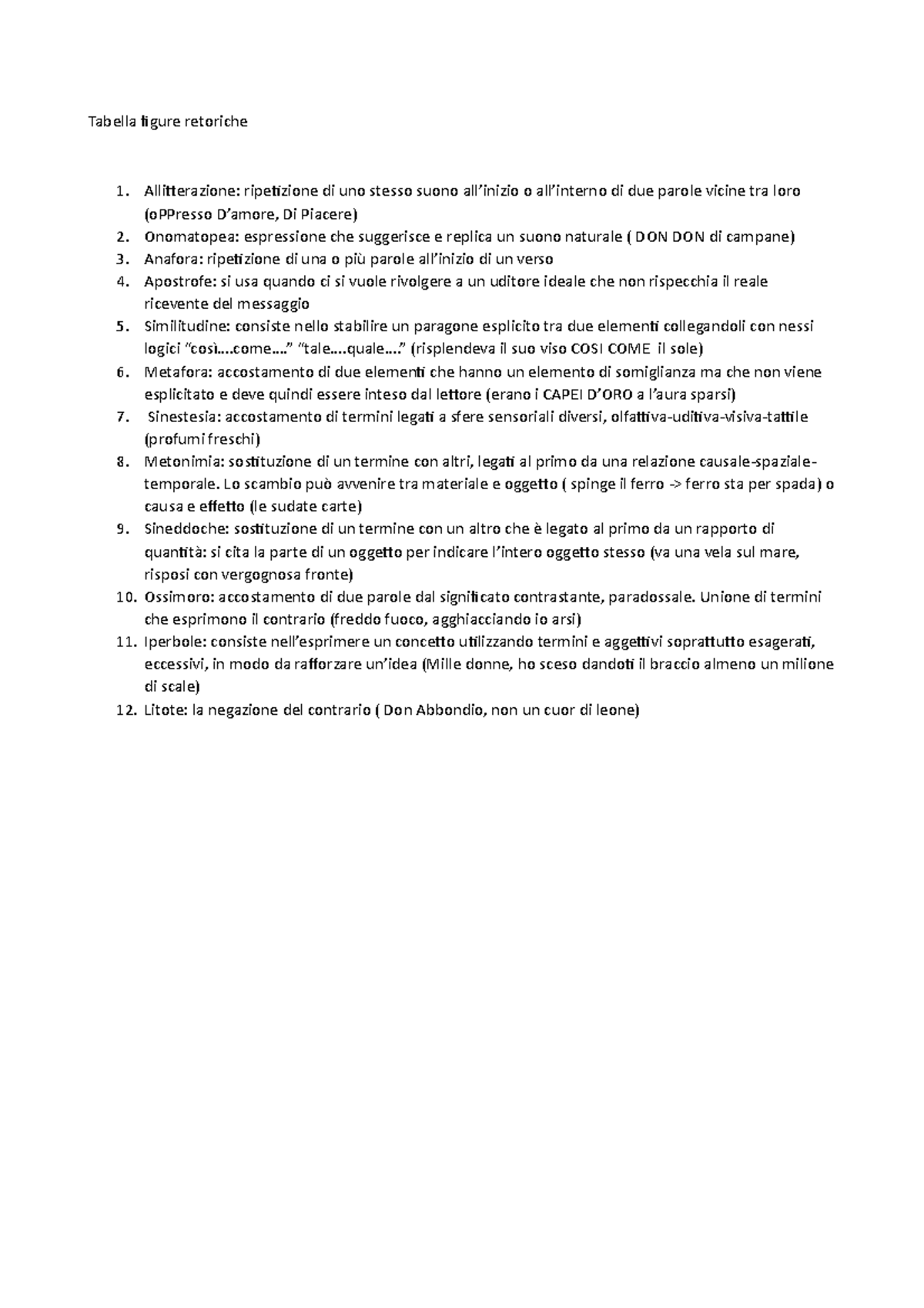 Tabella figure retoriche - Allitterazione: ripetizione di uno stesso ...