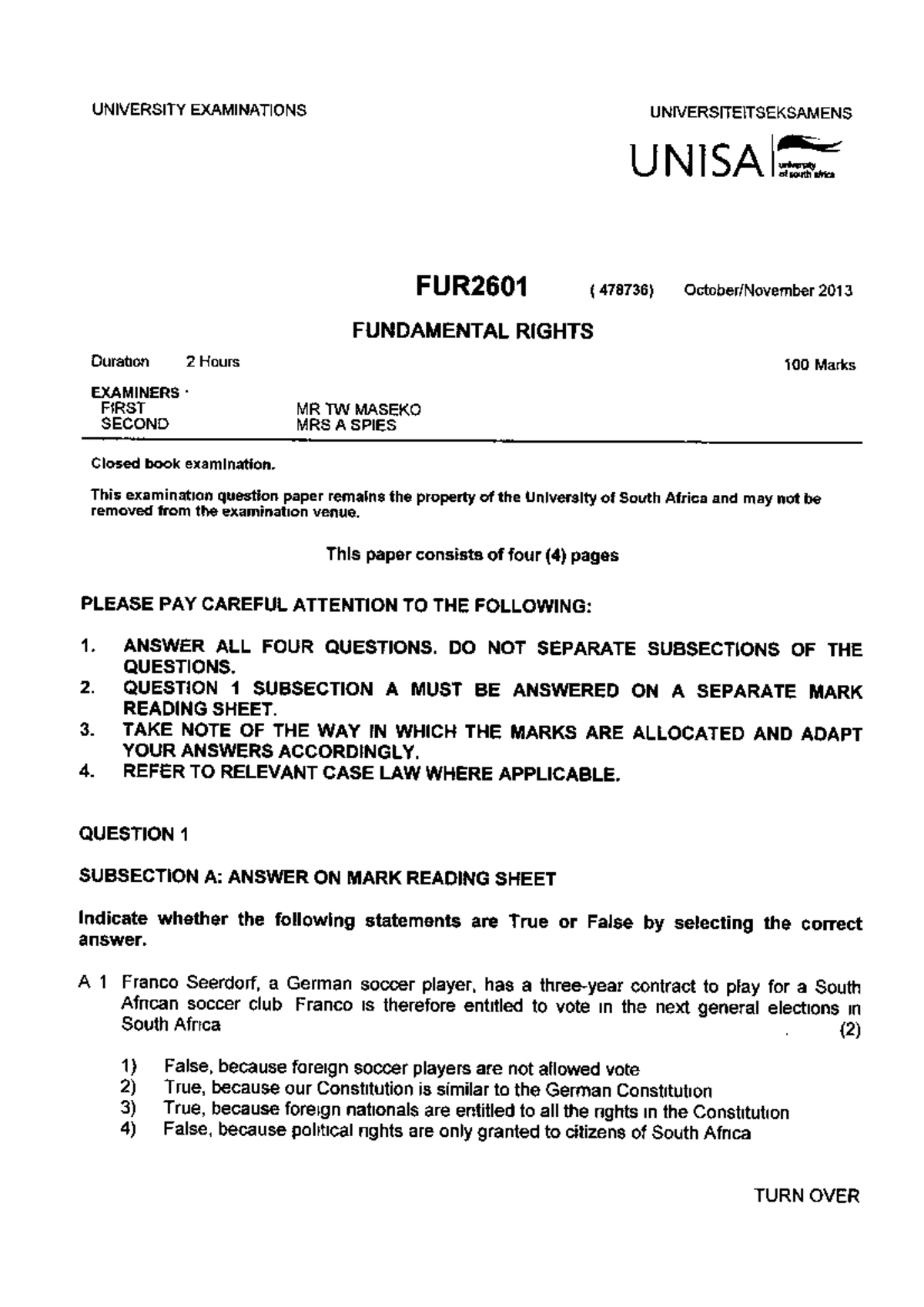 Nov 2013 Past Examination Paper For FUR2601 FUR2601 Studocu
