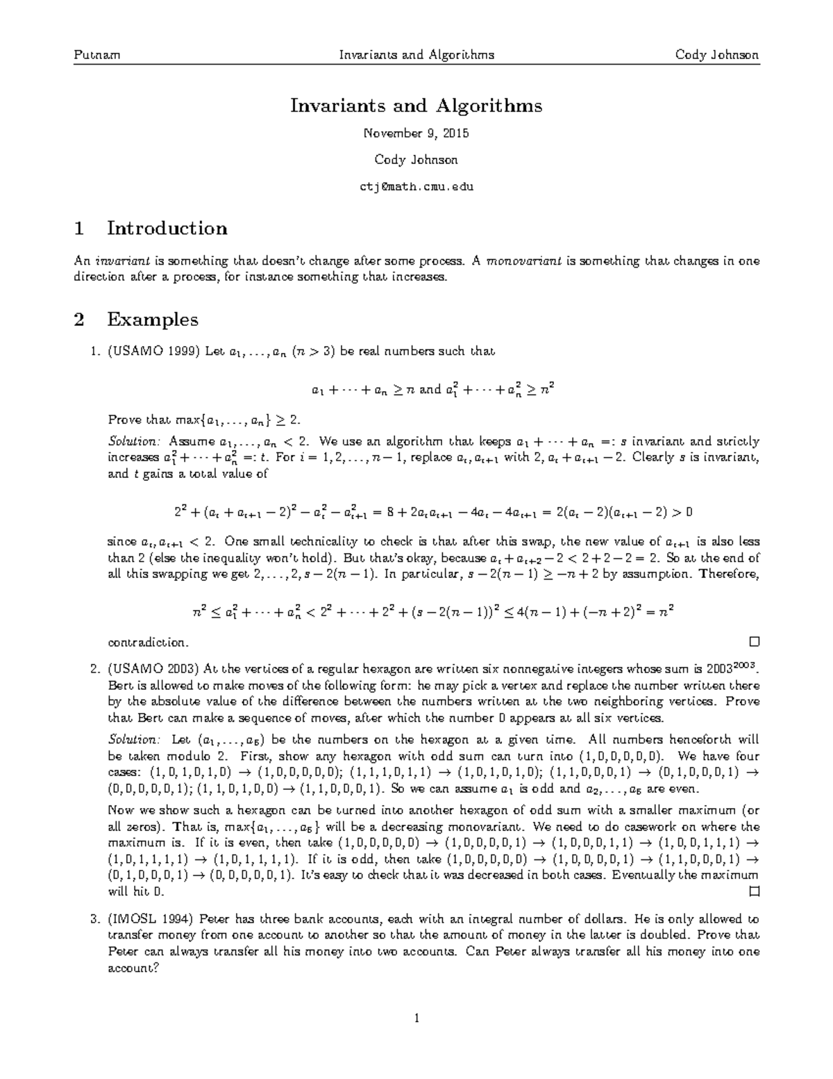 Invariants And Algorithms Invariants And Algorithms November 9 2015 Cody Johnson Ctjmathcmu