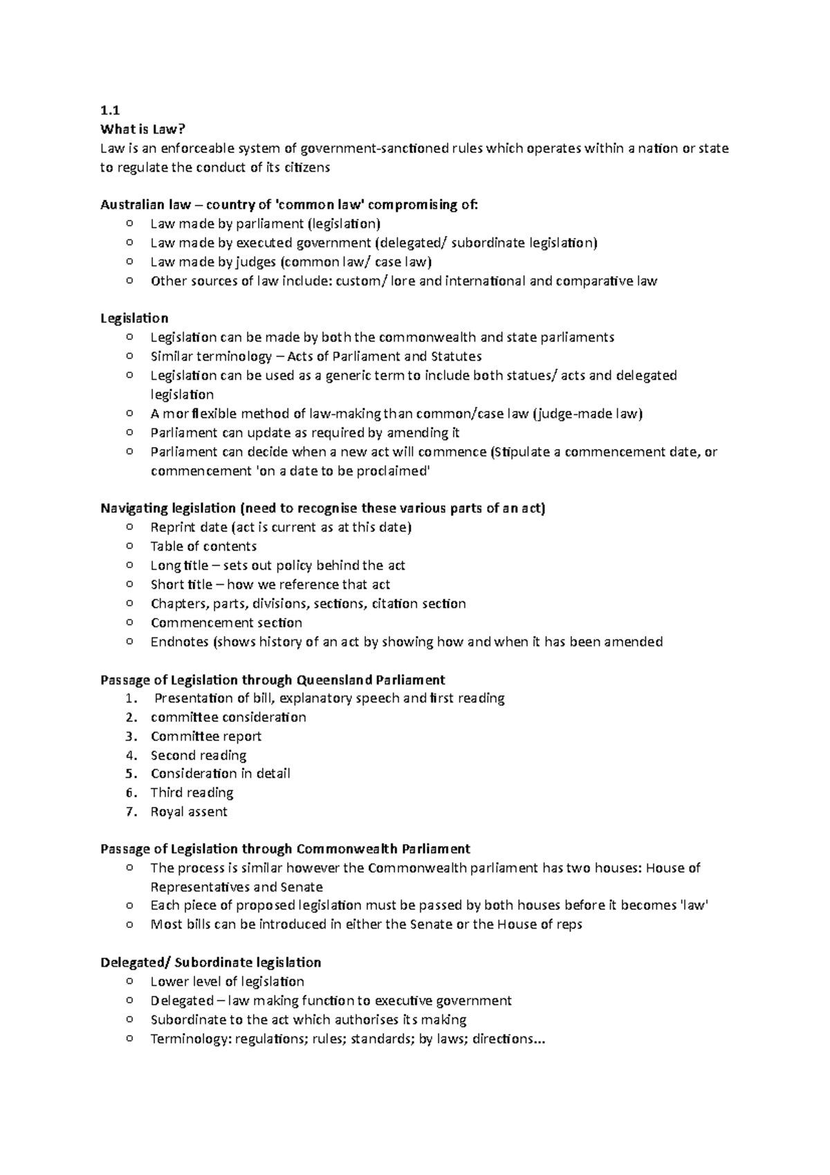 Week 1 intro to law notes - LAWS1100 - QUT - Studocu
