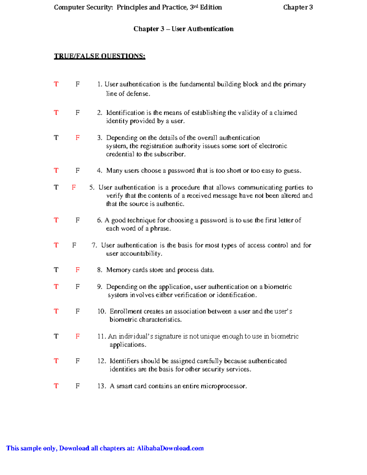 Test bank chapter 3 - Chapter 3 – User Authentication TRUE/FALSE ...