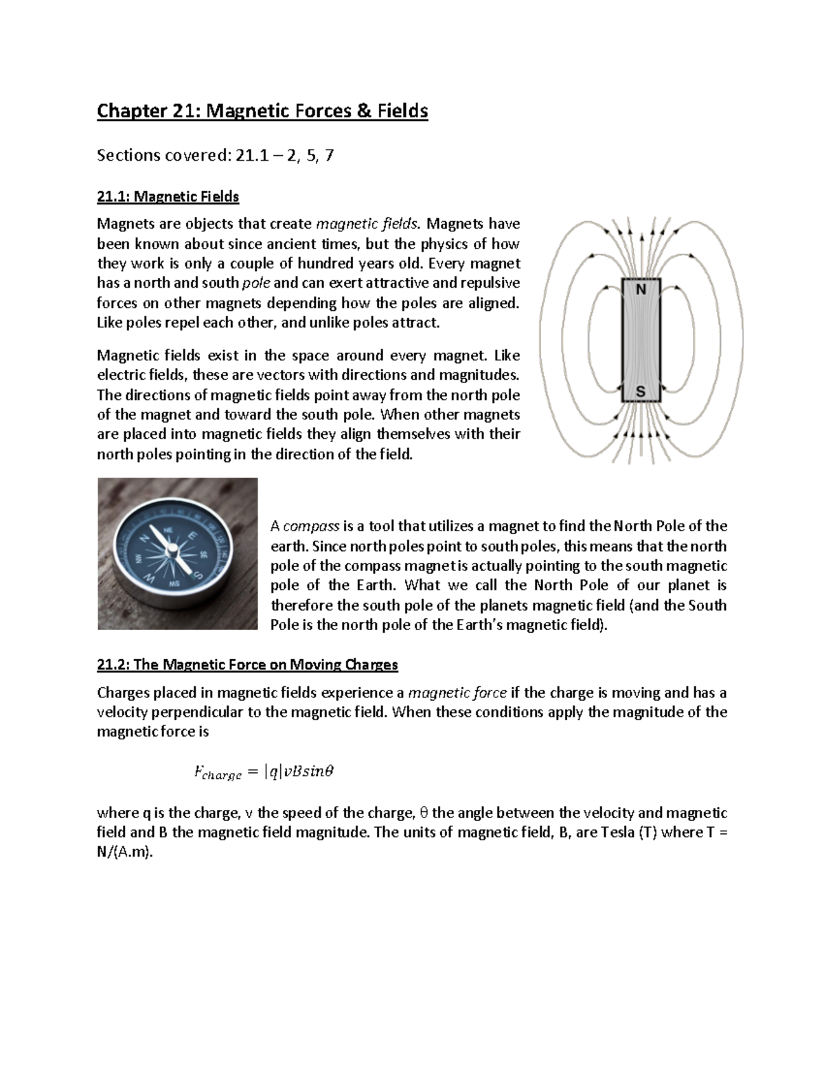 Chapter 21 Summary - Chapter 21 : Magnetic Forces & Fields Sections ...
