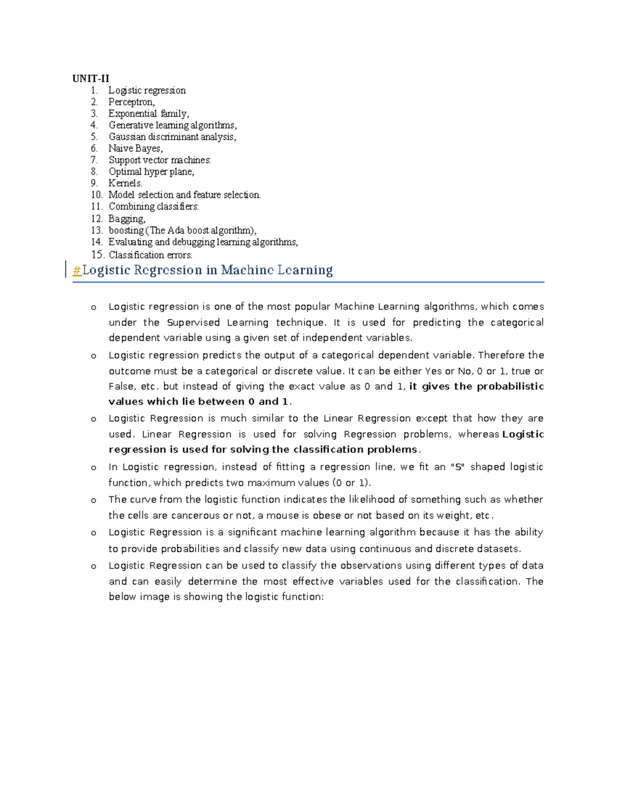 Machine learning chap 2 - UNIT-II 1. Logistic regression 2. Perceptron ...