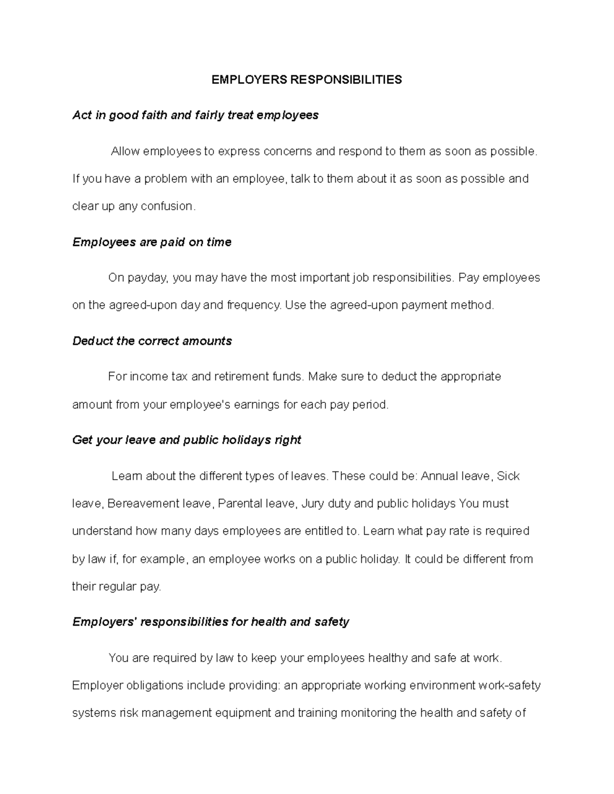 Employers Responsibilities - EMPLOYERS RESPONSIBILITIES Act in good ...