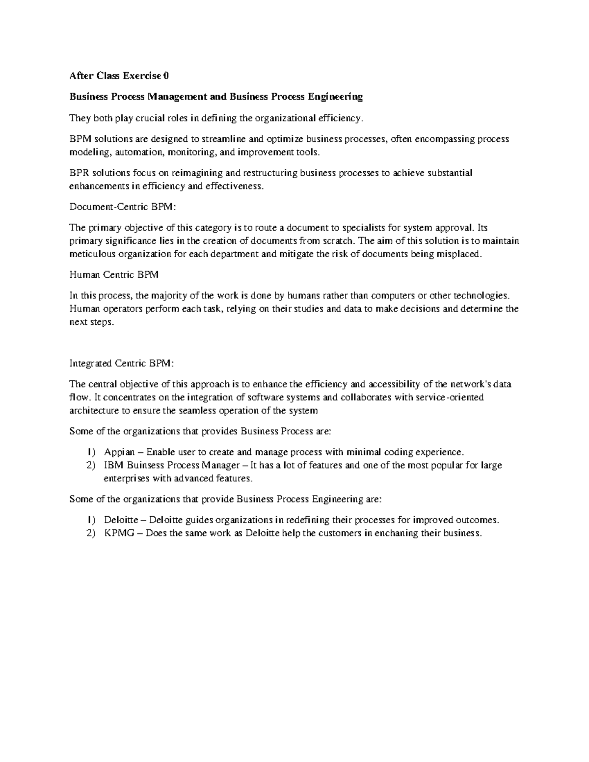 ITM 415 After Class - After Class Exercise 0 Business Process Management and Business Process ...