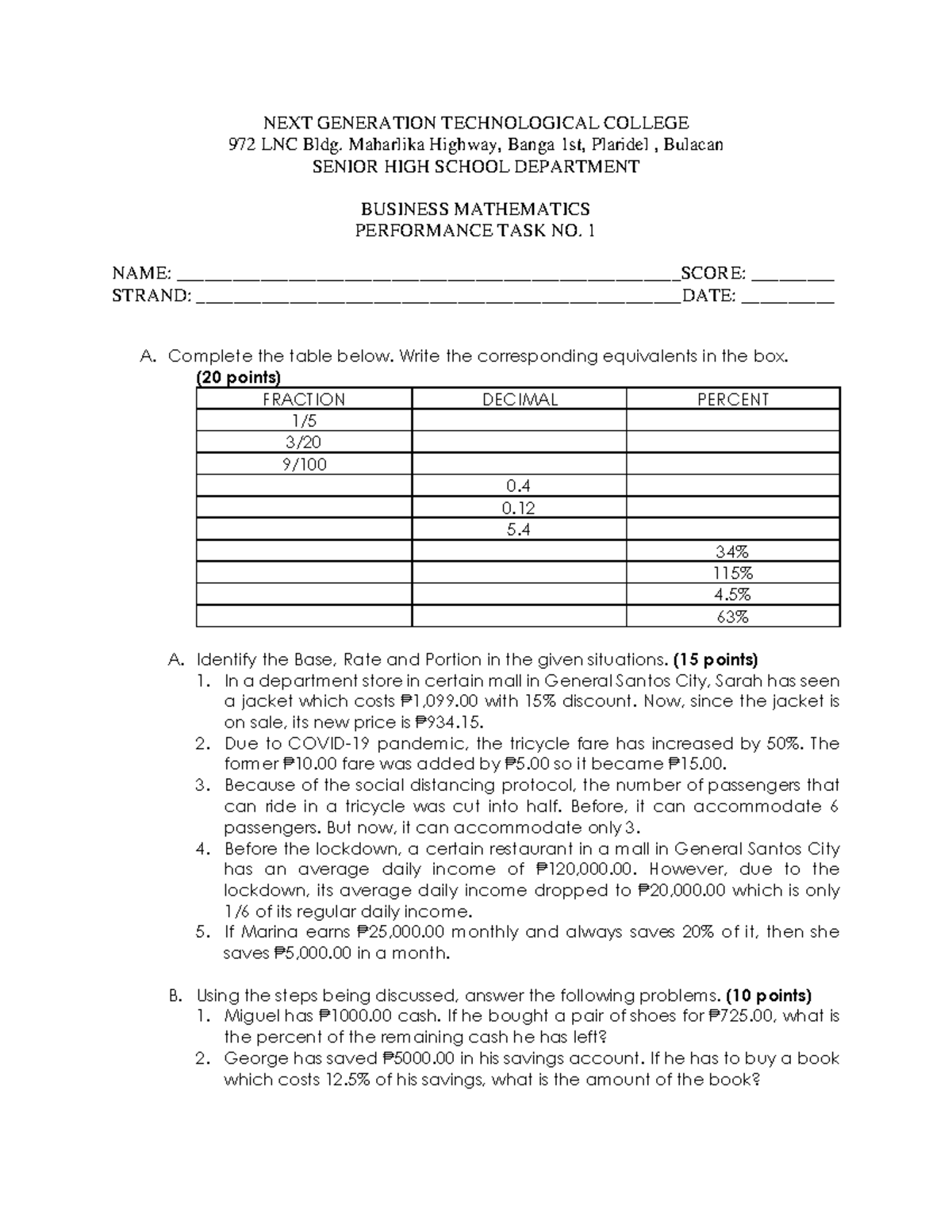 PETA1 bus Math - Performance Task 1 for Business Mathematics Quarter1 ...