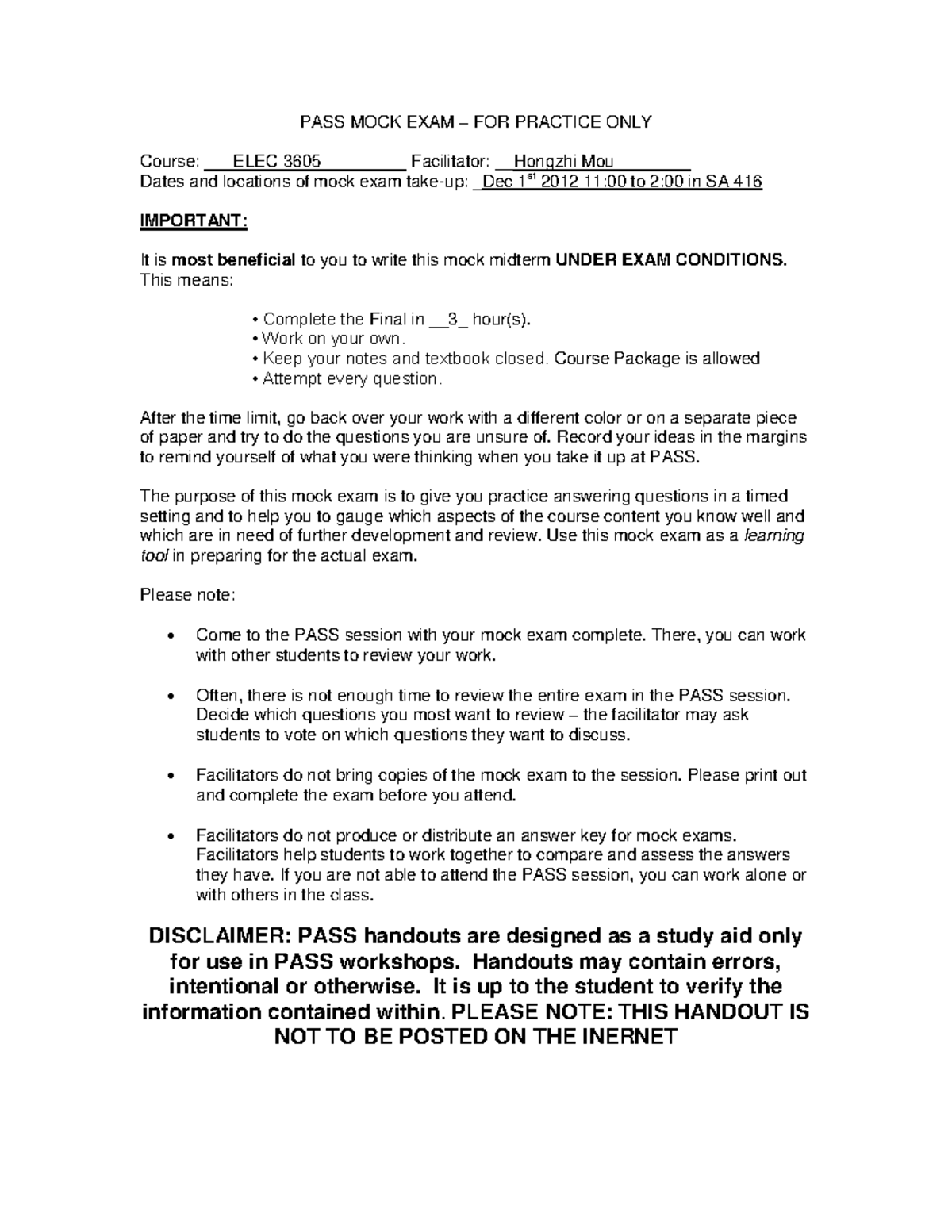 Final 1 December 2012, questions - PASS MOCK EXAM – FOR PRACTICE ONLY Course: ELEC 3605 ...