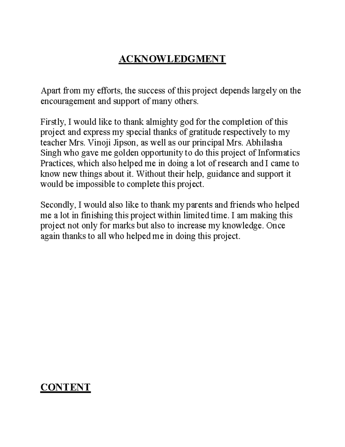 IP Project - INFORMATIC PRACTICES ASSIGNMENT - ACKNOWLEDGMENT Apart ...