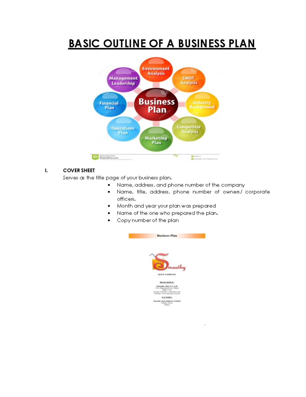 Basic Outline OF A Business PLAN for Business Research - BASIC OUTLINE ...