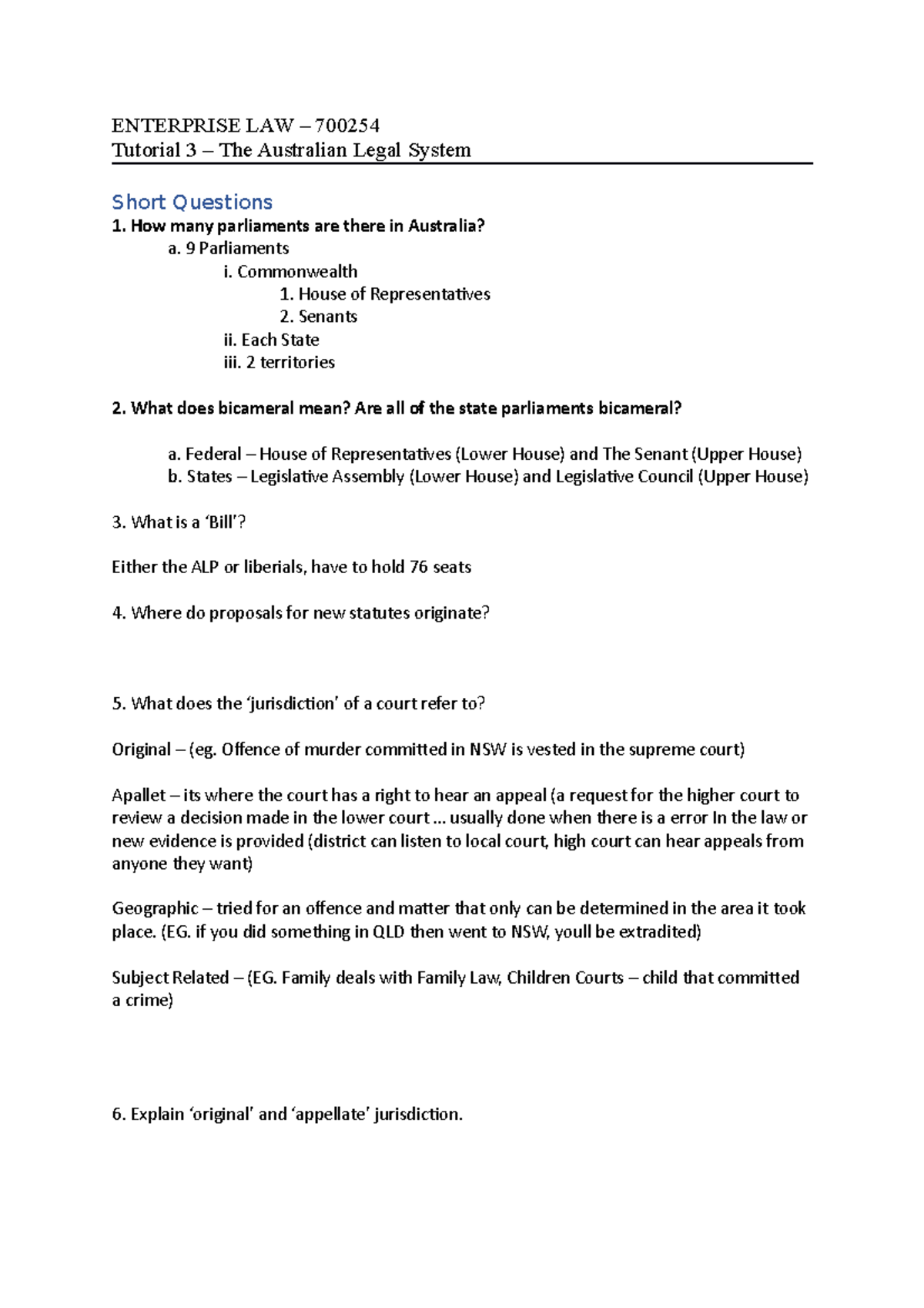 Enterprise LAW - week 3 questions - ENTERPRISE LAW – 700254 Tutorial 3 ...