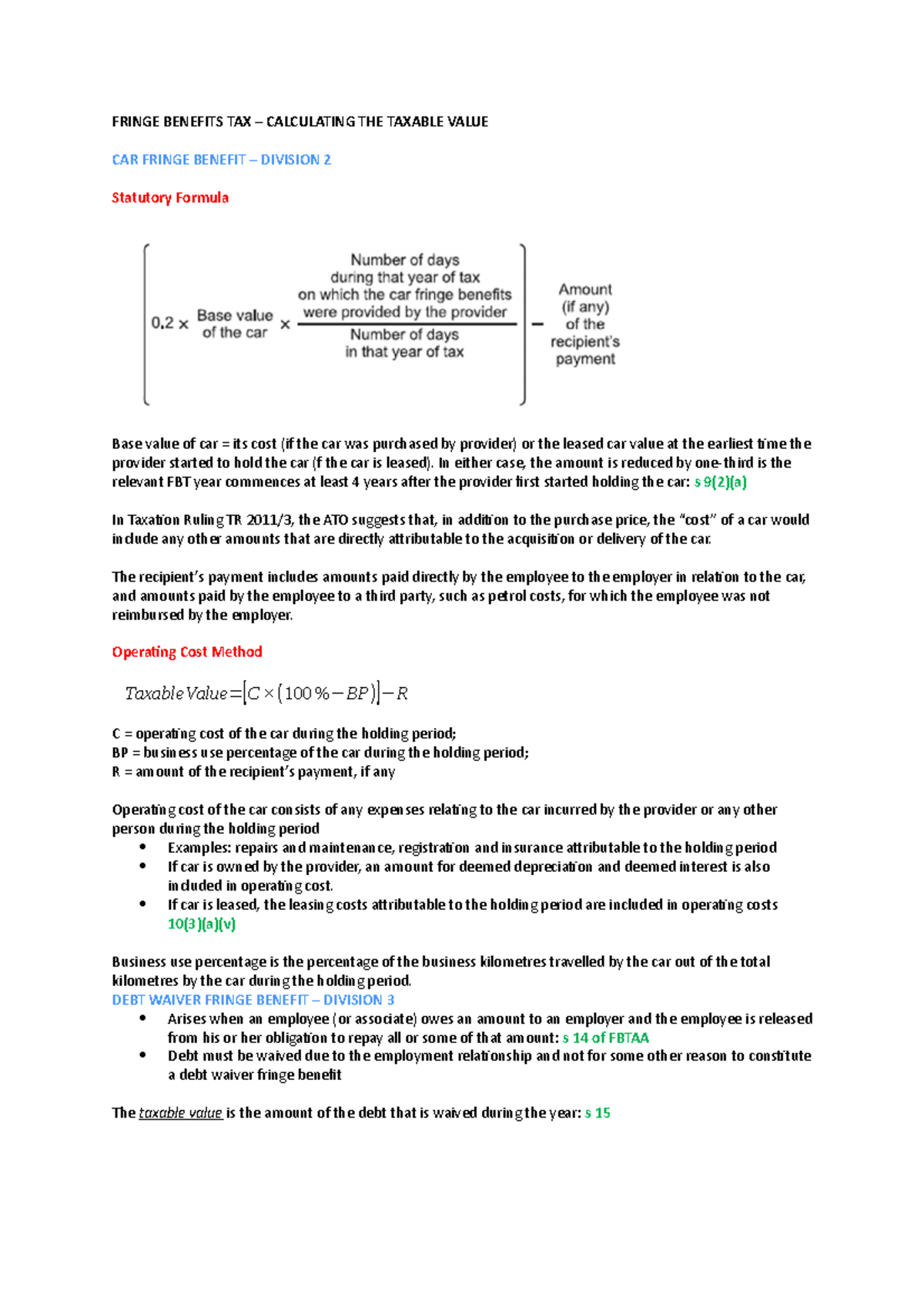 FBT formula - FRINGE BENEFITS TAX – CALCULATING THE TAXABLE VALUE CAR ...