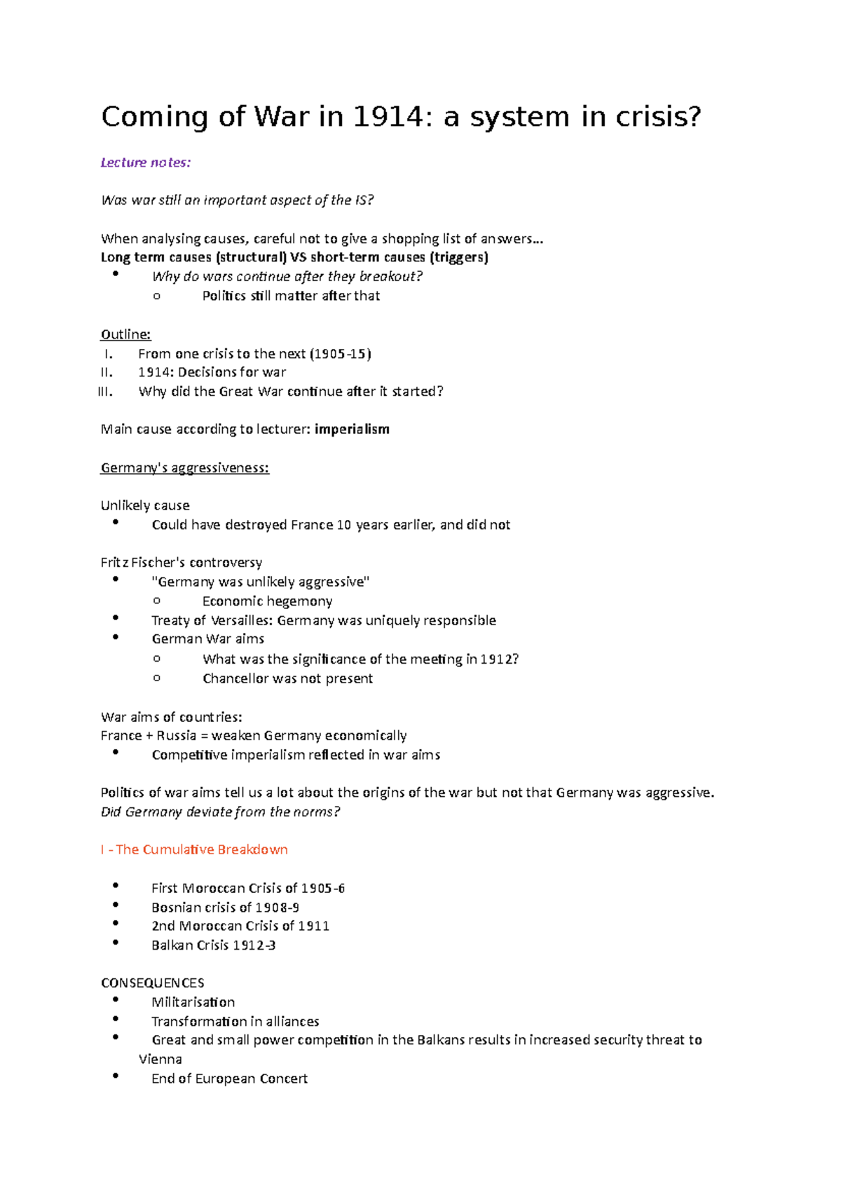 Coming of War in 1914 - Lecture notes 12 - Coming of War in 1914: a ...