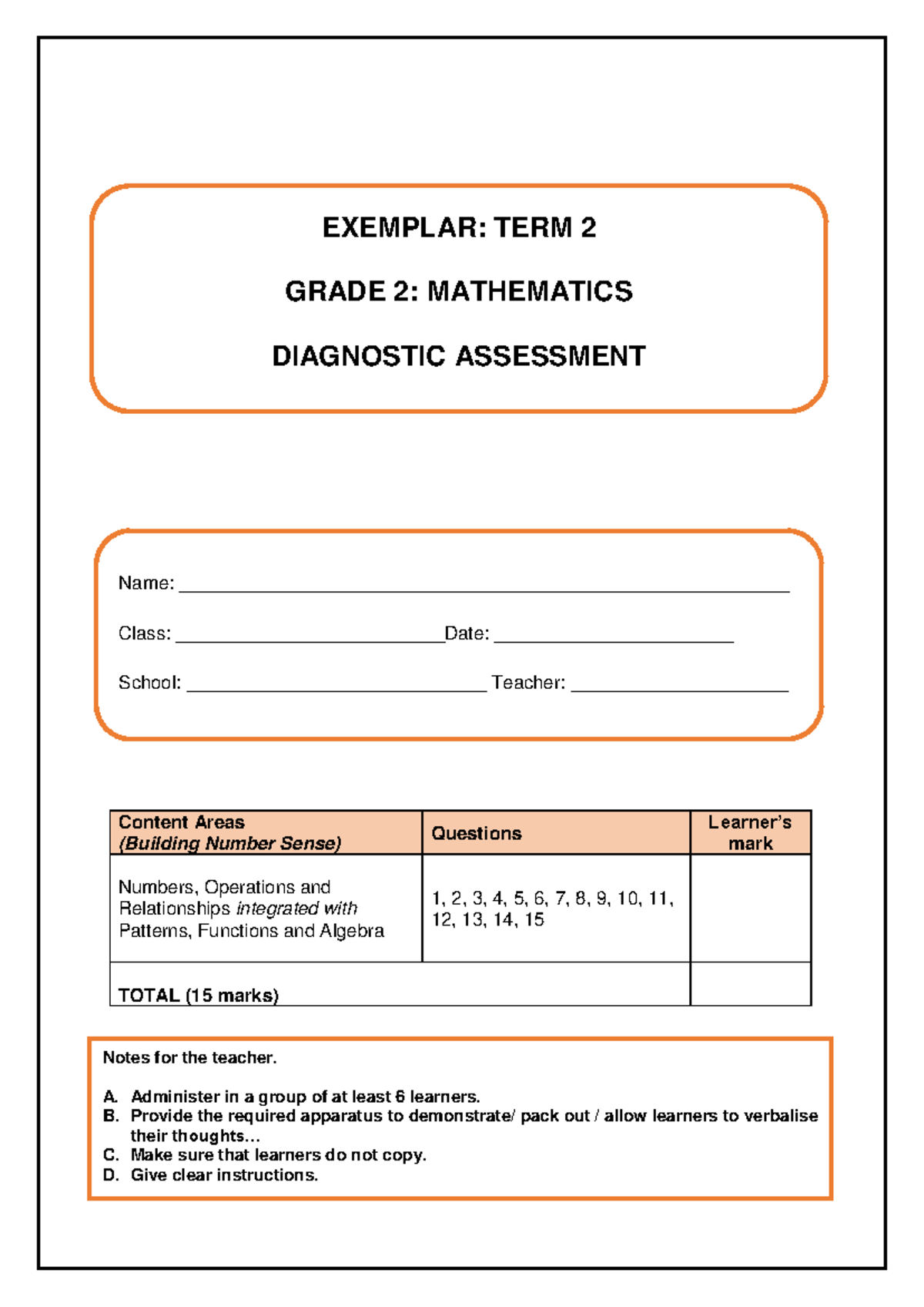2023 Exemplar English Gr2T2 Maths Diagnostic Assessment - Content Areas ...