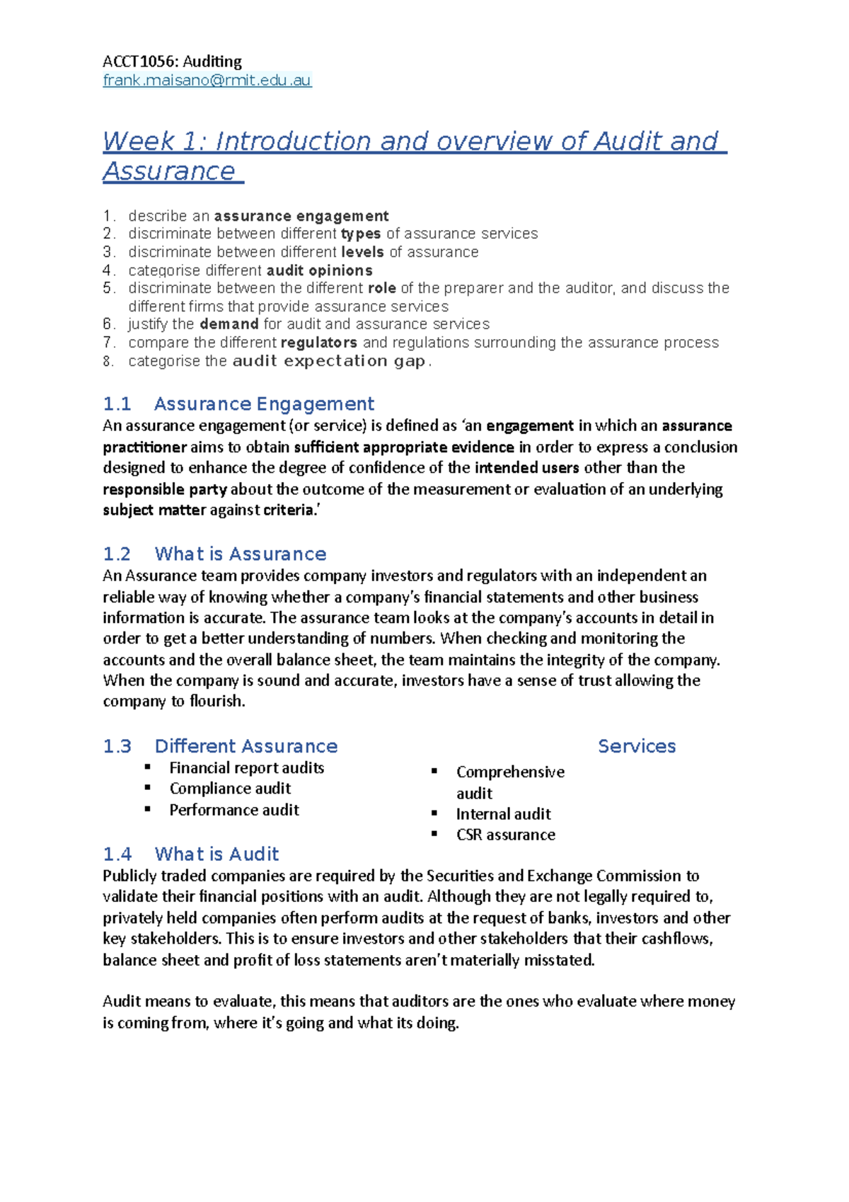 Week 1 Introduction And Overview Of Audit And Assurance Frank Week 1 Introduction