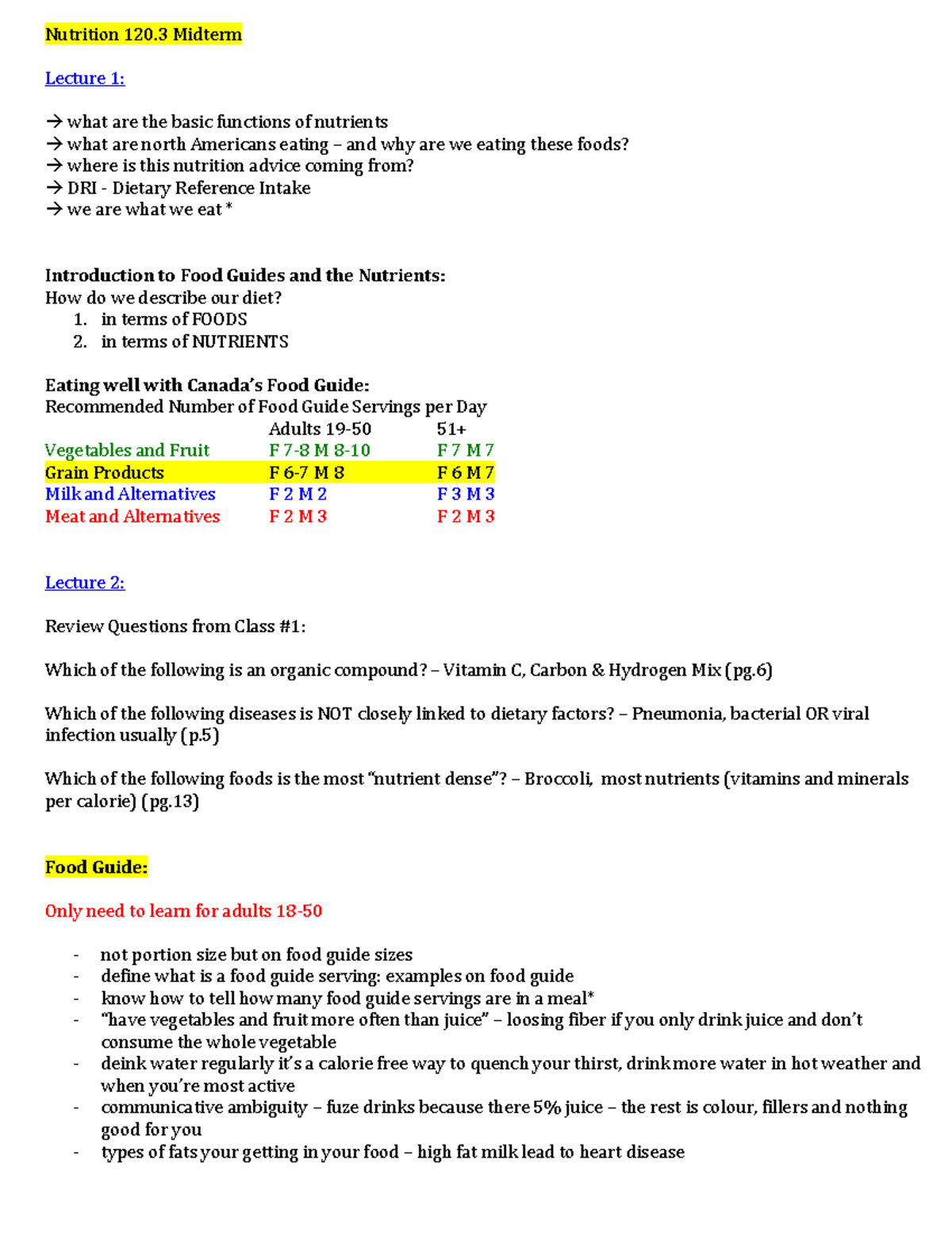 NUTR 120 Semester Notes by Lecture - Nutrition 120 Midterm Lecture 1 ...
