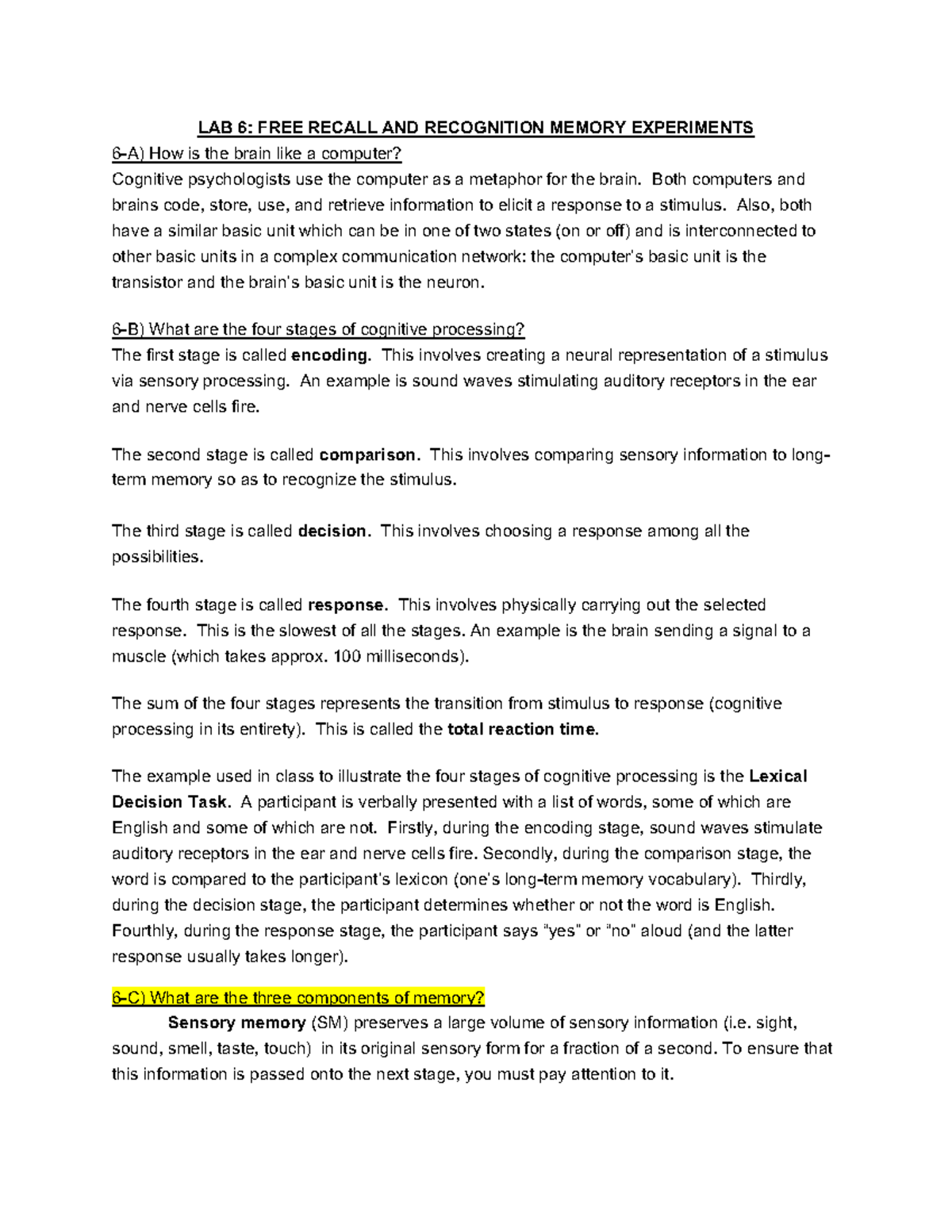 Lab test 2 study notes - exam prepare - LAB 6: FREE RECALL AND ...