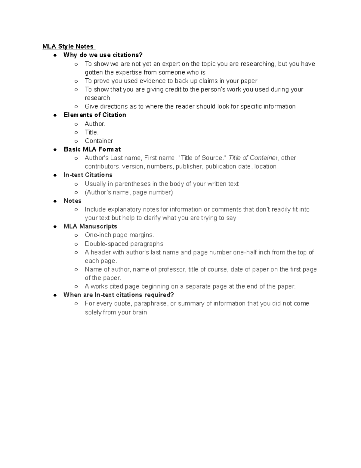 MLA Style Notes - MLA Style Notes Why do we use citations? To show we ...