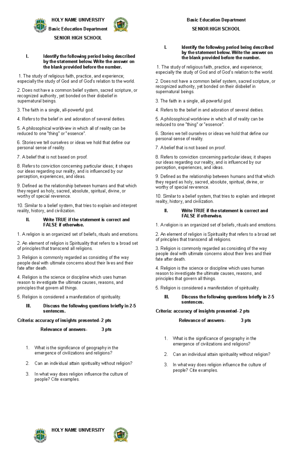 Summative 1 World Religion - HOLY NAME UNIVERSITY Basic Education ...